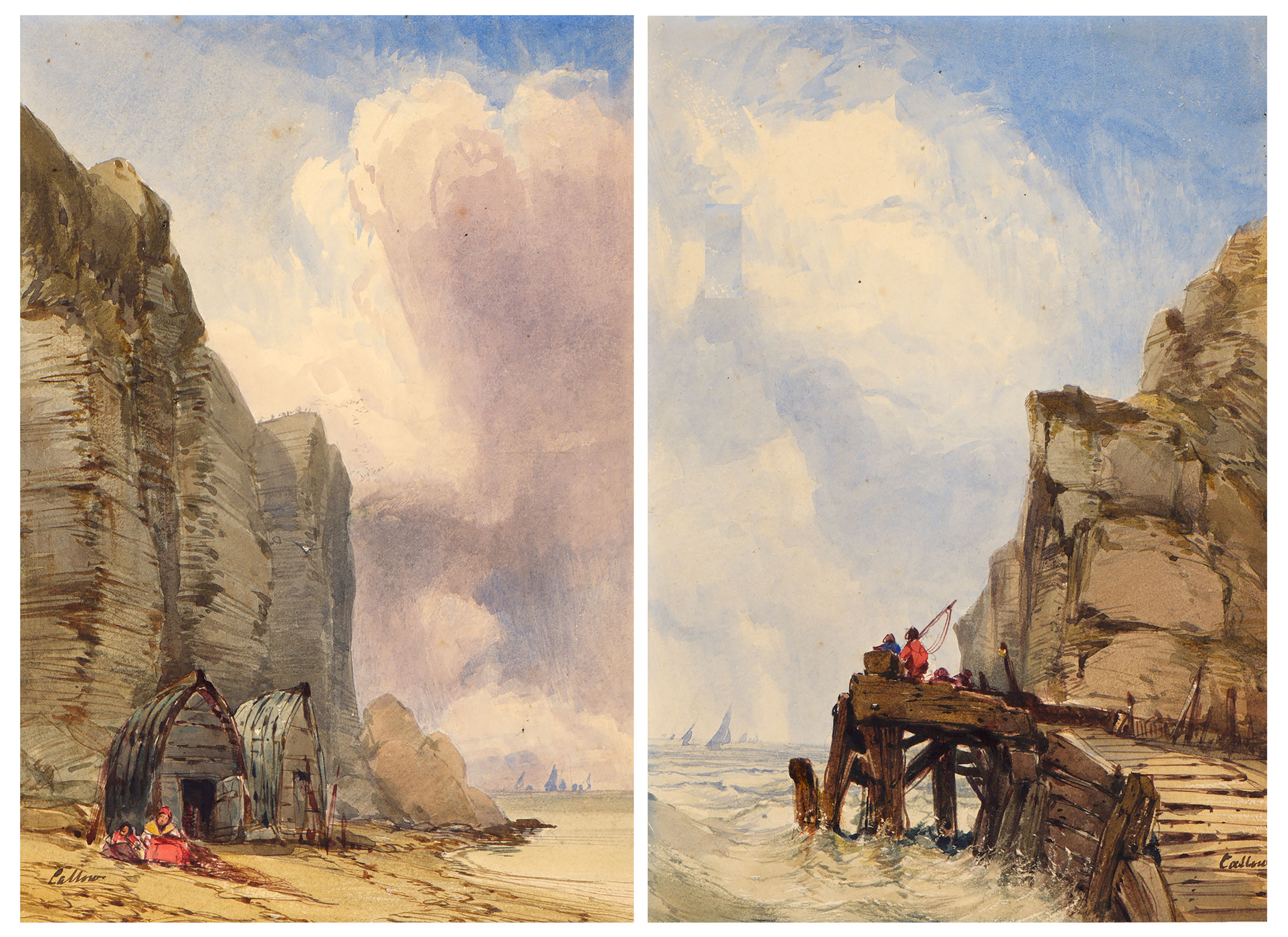 John Callow, A.O.W.S. (London 1822-1878), Fisherman's huts on a beach ...