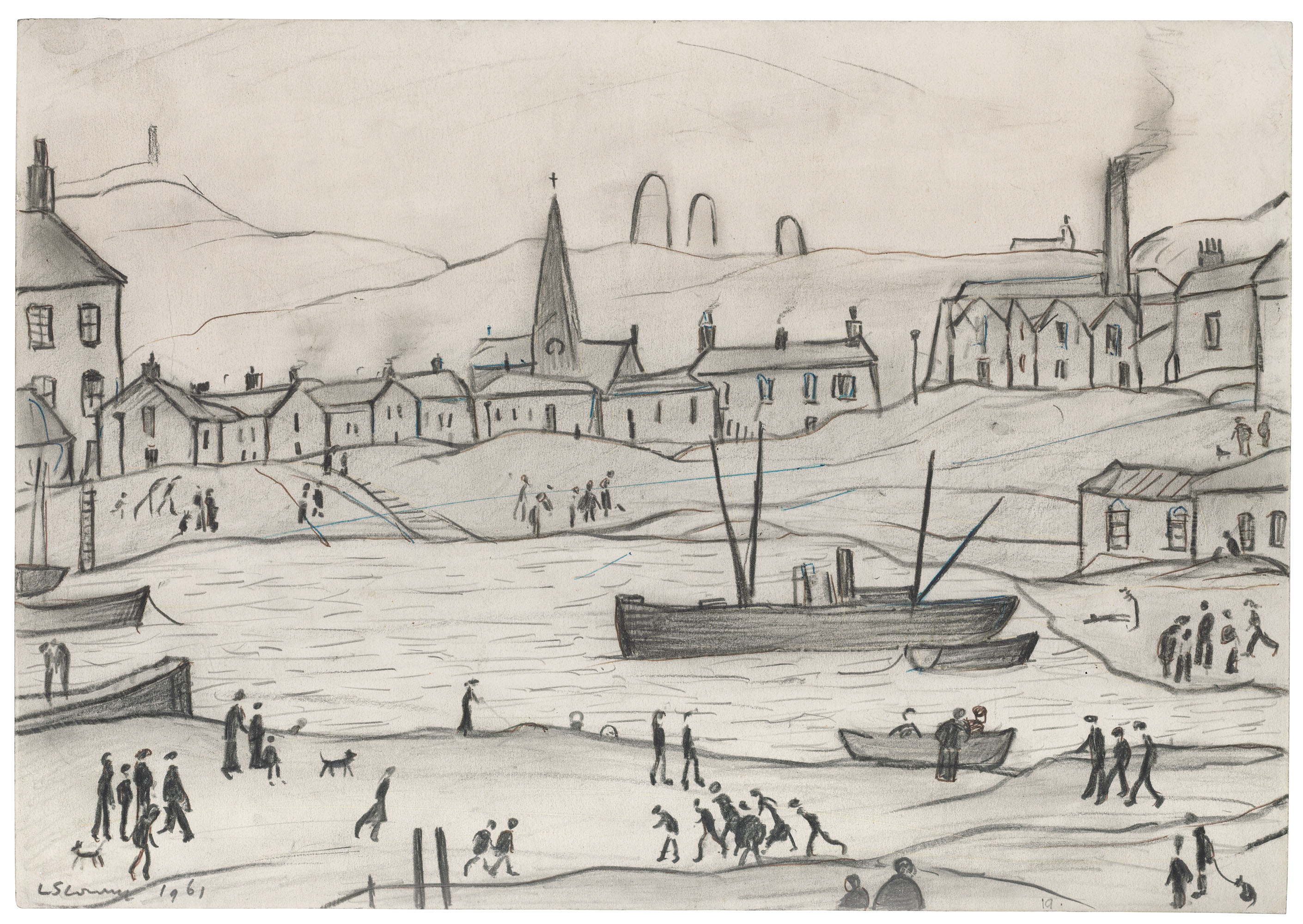 LAURENCE STEPHEN LOWRY, R.A. (1887-1976), Figures beside a harbour ...
