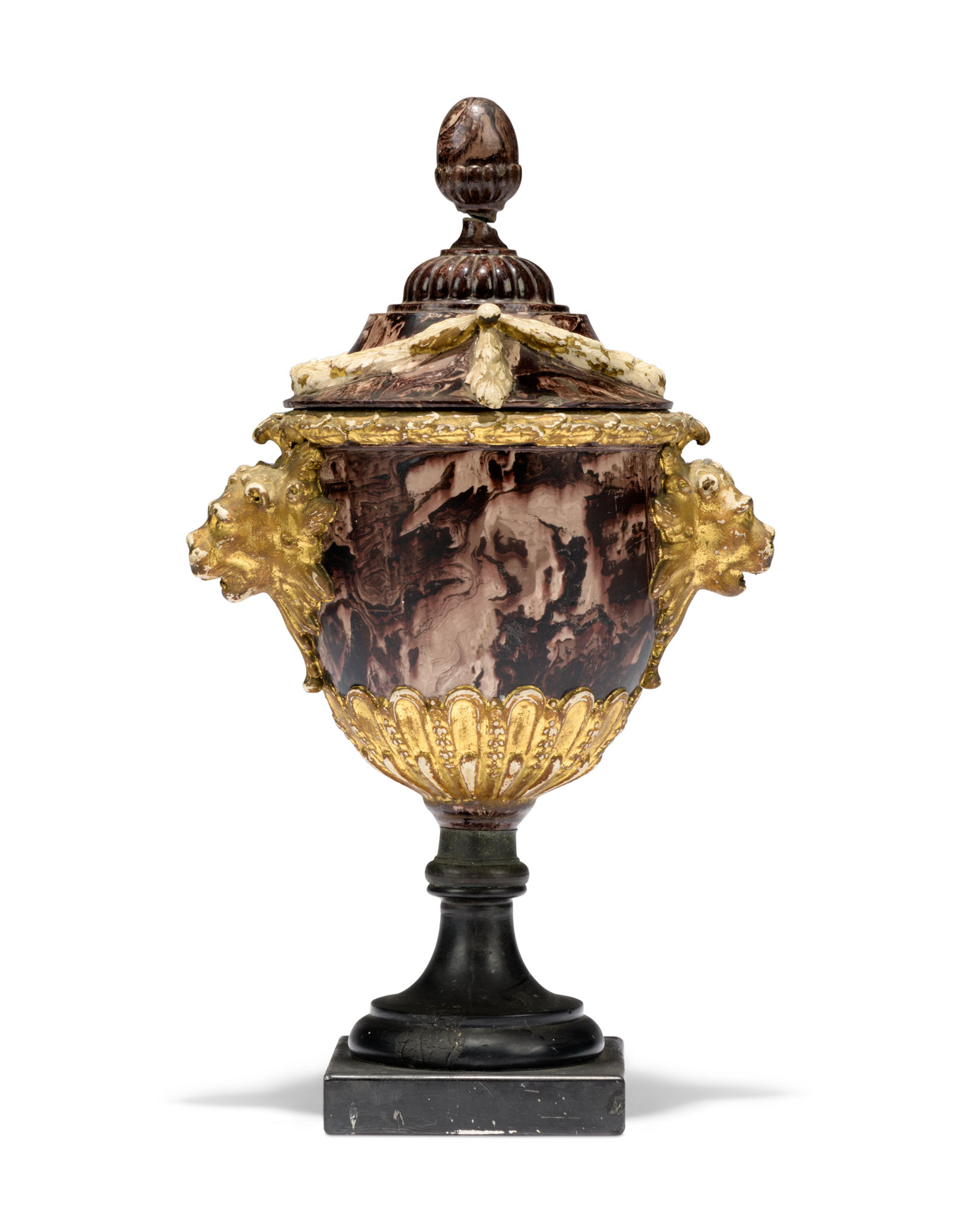 A CONTINENTAL SIMULATED AGATE POTTERY VASE AND COVER, 19TH CENTURY ...