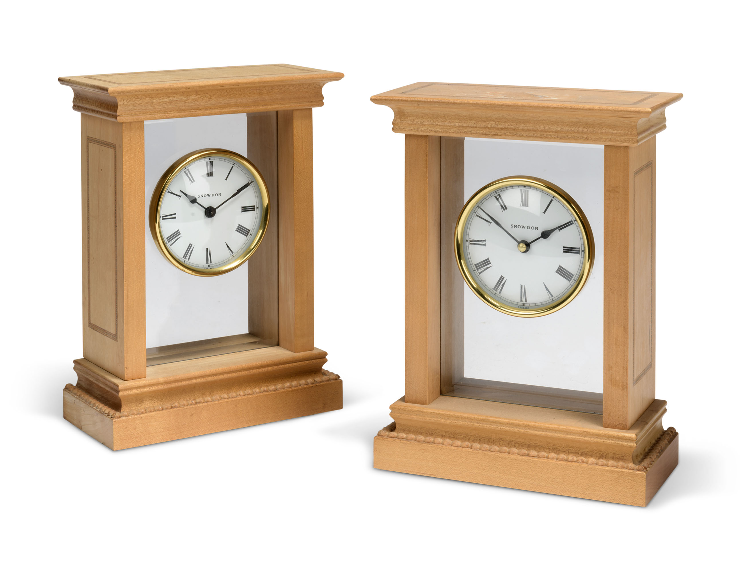 A PAIR OF SYCAMORE, PARQUETRY AND GLASS MANTEL CLOCKS, DESIGNED BY LORD ...
