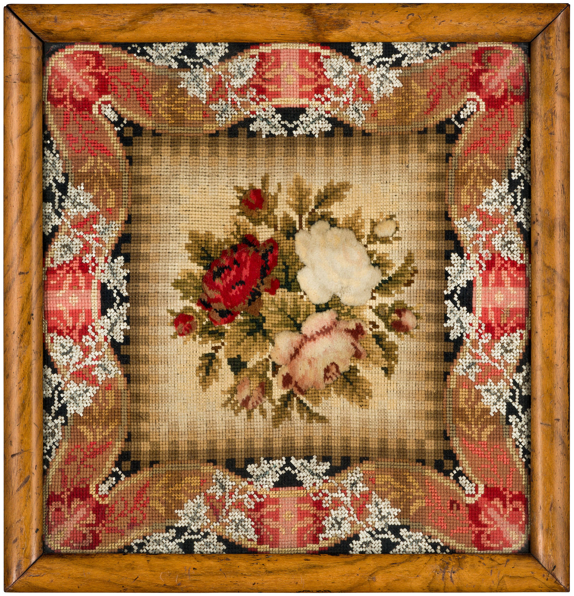AN ENGLISH GROS AND PETIT-POINT, BEADWORK AND FELTWORK FLORAL PICTURE ...