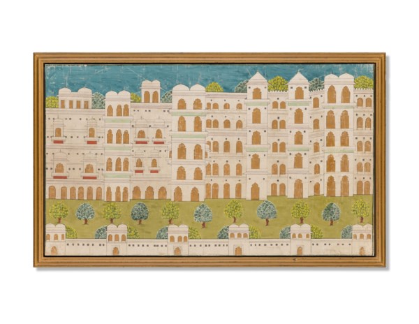 TWO INDIAN ARCHITECTURAL PAINTINGS OF PALACE GARDENS, MID-20TH CENTURY ...