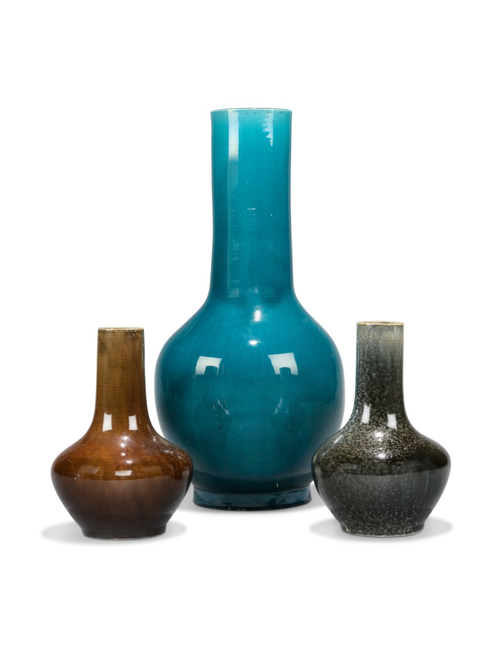 A LARGE CHINESE TURQUOISE-GLAZED BOTTLE VASE AND TWO FURTHER VASES, THE ...