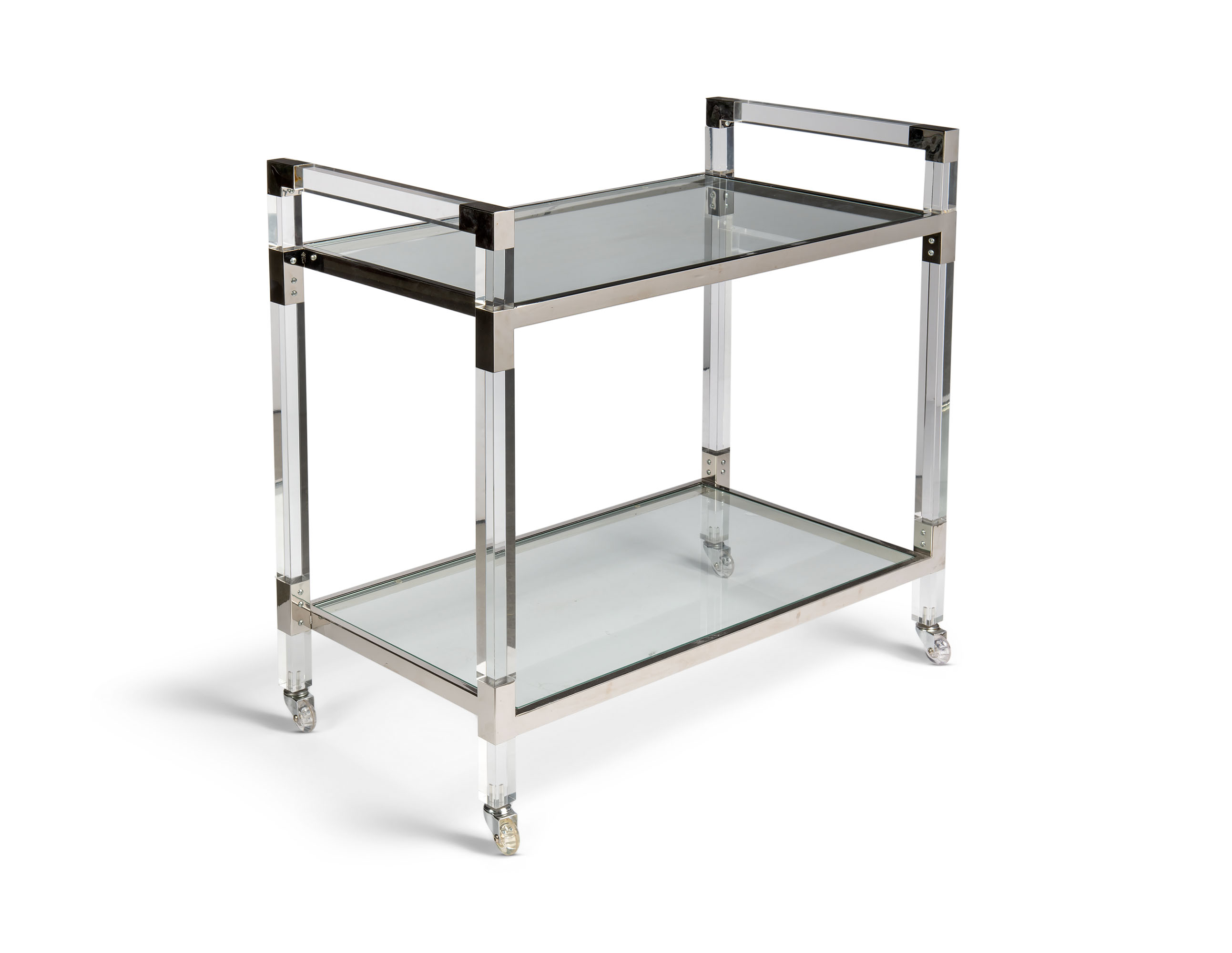 A STEEL-MOUNTED ACRYLIC AND GLASS 'LENOX' DRINKS TROLLEY, BY OKA ...