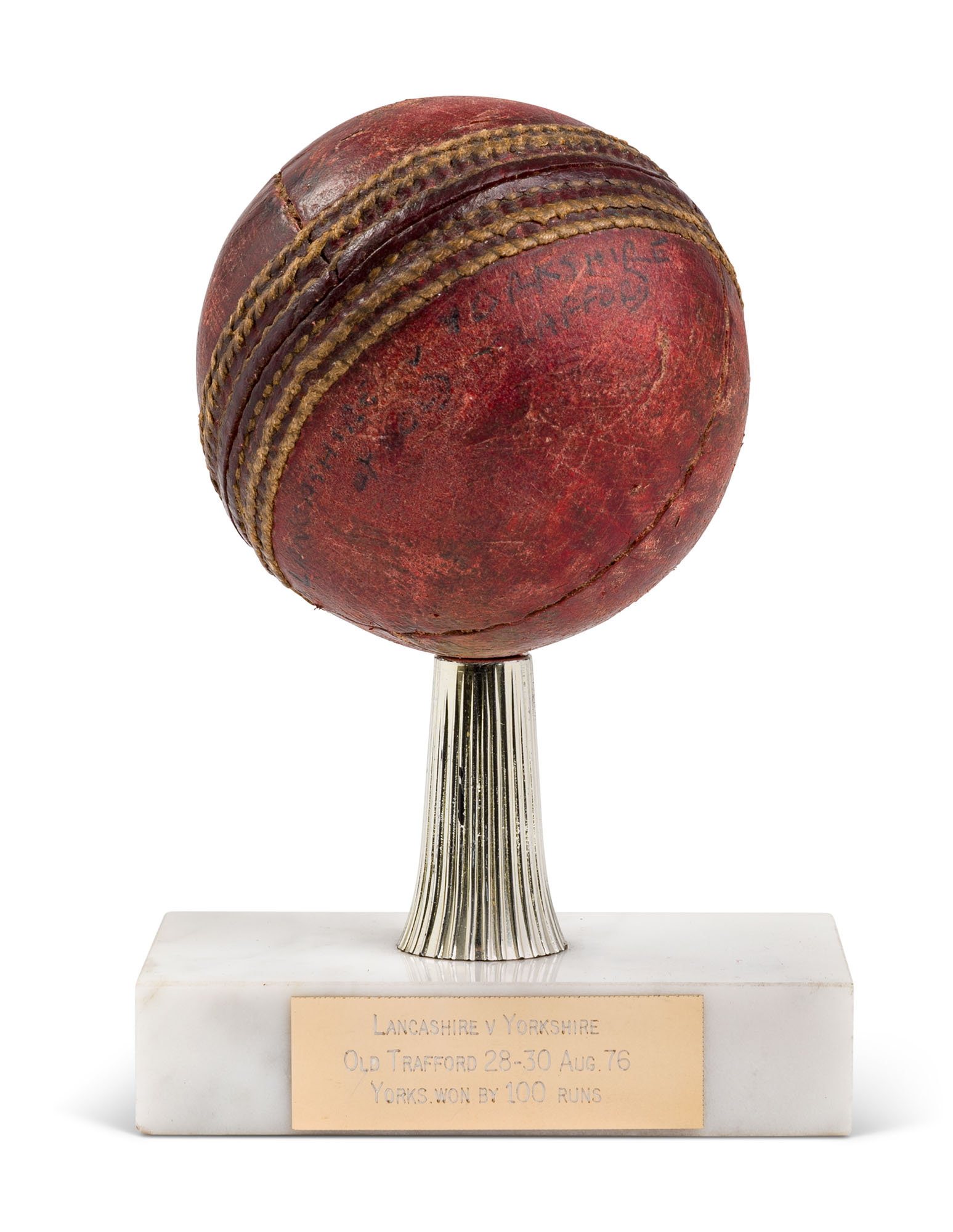 A MOUNTED CRICKET BALL, LANCASHIRE V YORKSHIRE, OLD TRAFFORD, 1976 ...
