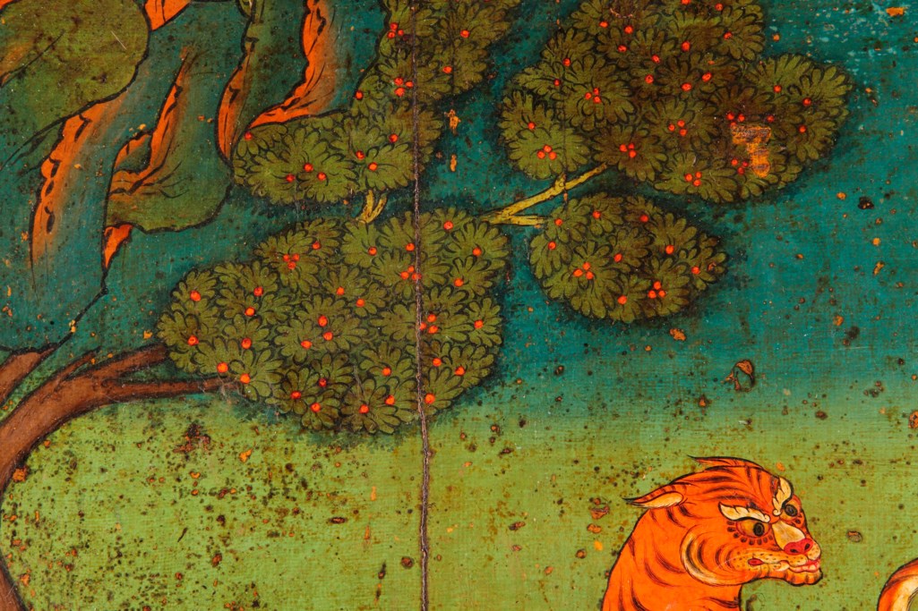 A PAIR OF POLYCHROME-PAINTED SHRINE DOORS WITH A MAHASIDDHA AND A PAIR ...