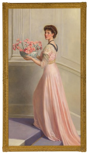 The Hon. John Collier (1850-1934), Portrait of a lady in pink carrying ...
