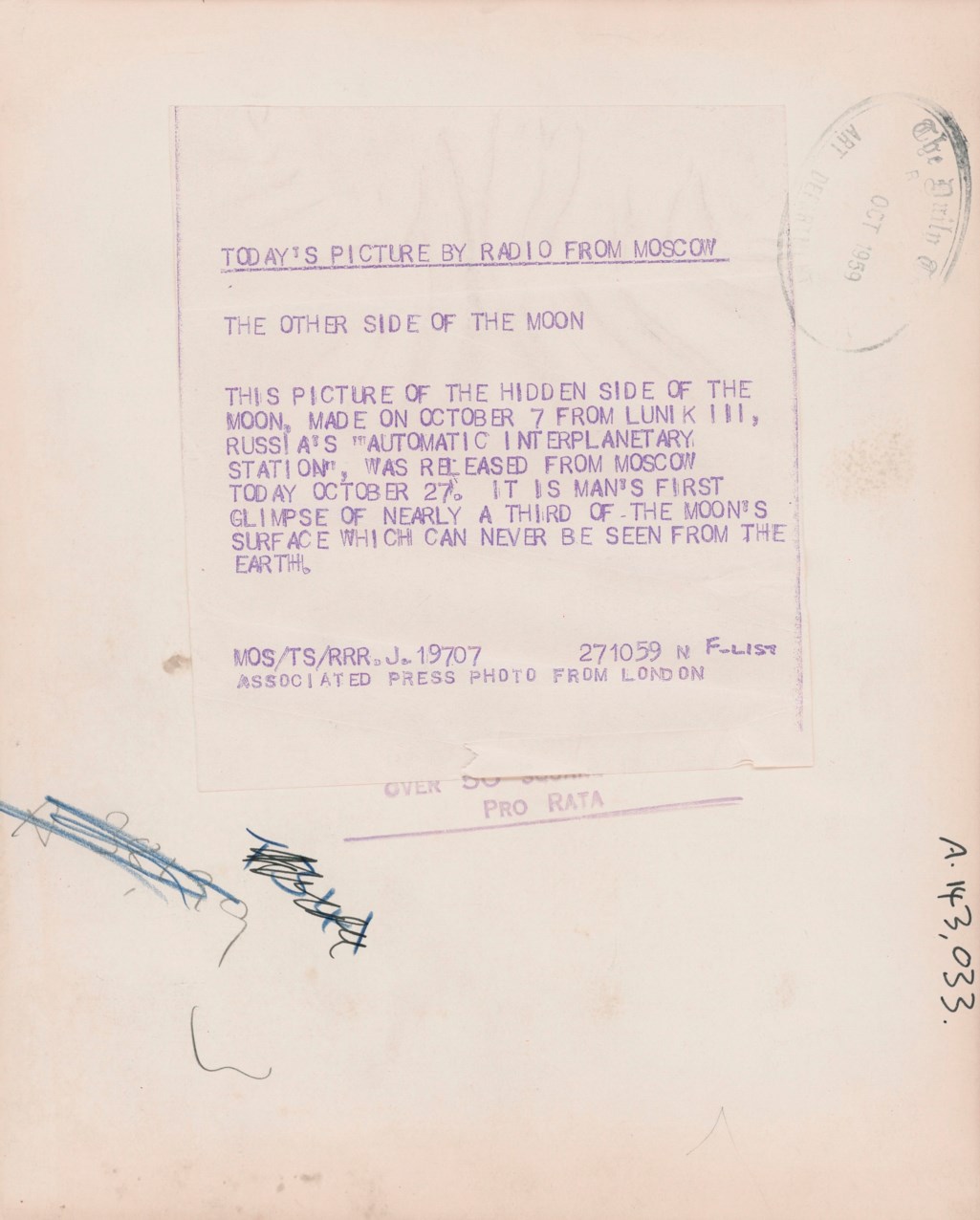 First photograph of the backside of the Moon, October 7, 1959, Luna 3 ...