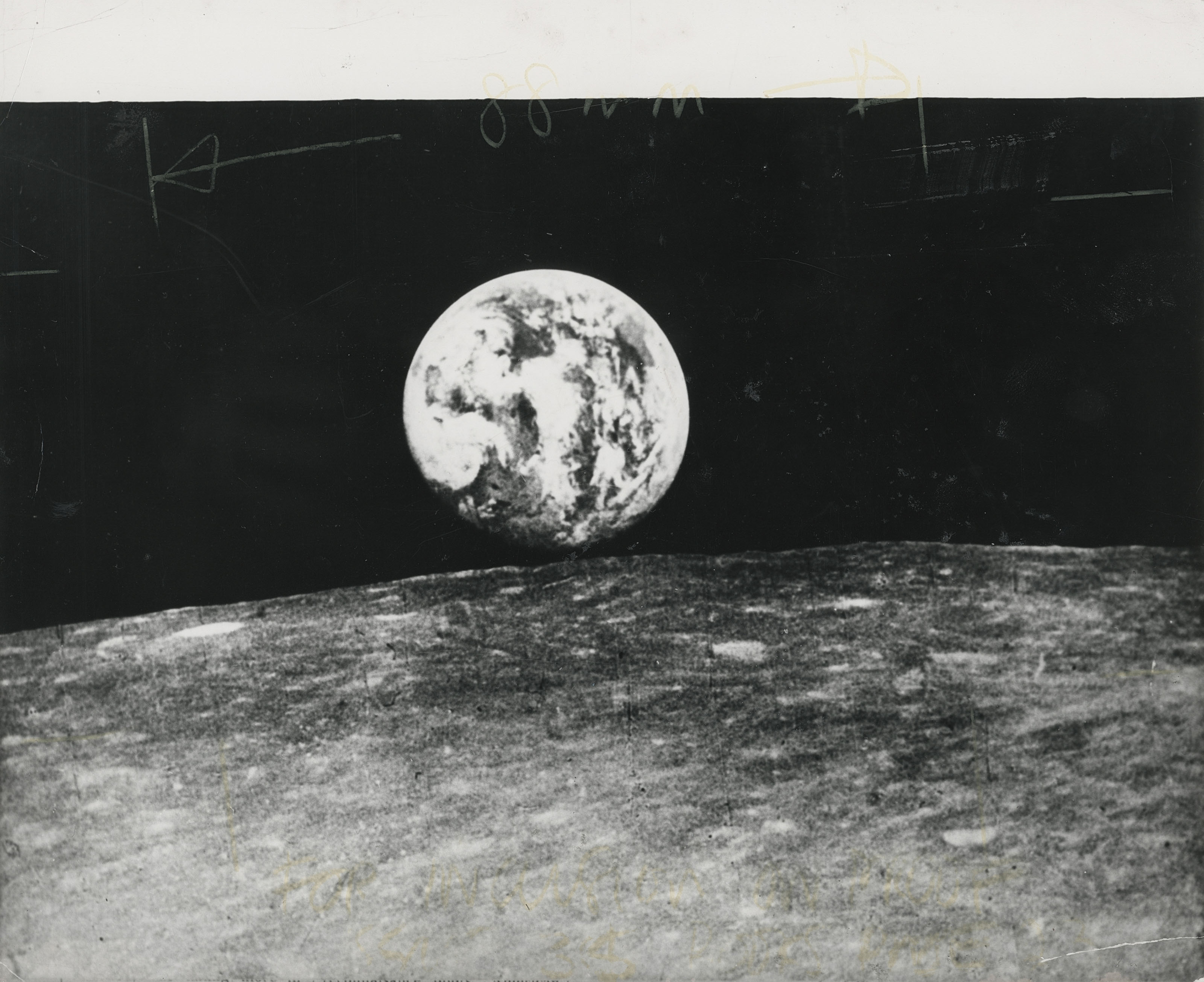 Near full Earthrise, Zond 7, August 11, 1969; first crude photograph of ...