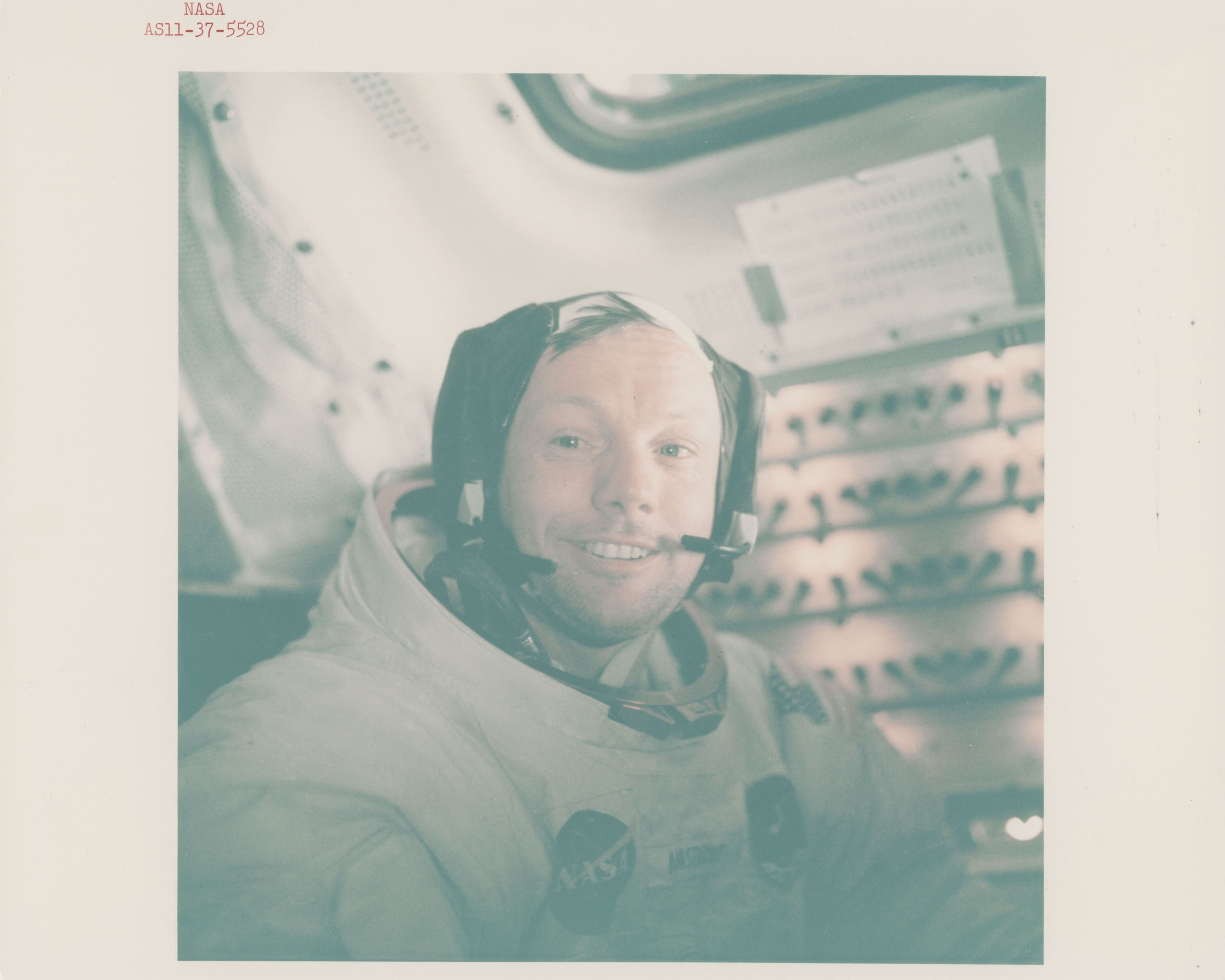 Portrait of Neil Armstrong back in the LM after the historic moonwalk ...