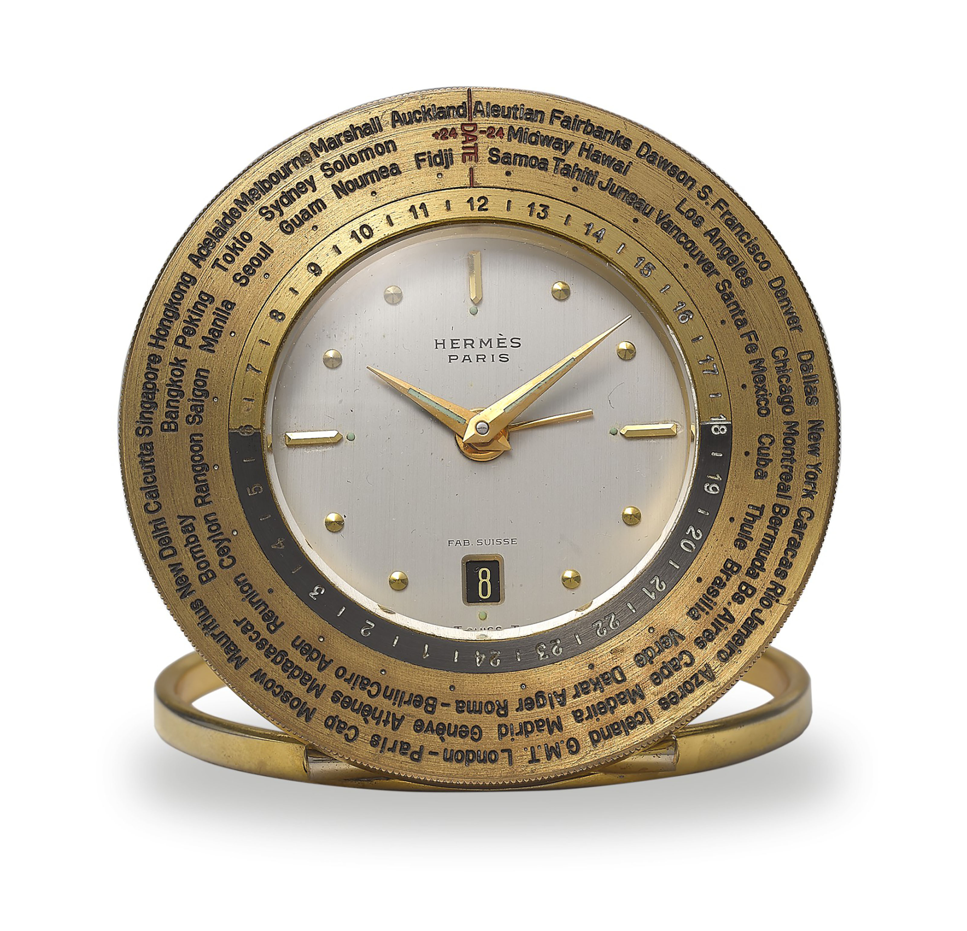 HERMES, GILT BRASS WORLD TIME TRAVEL CLOCK, CASE NO. 1005 | Christie’s