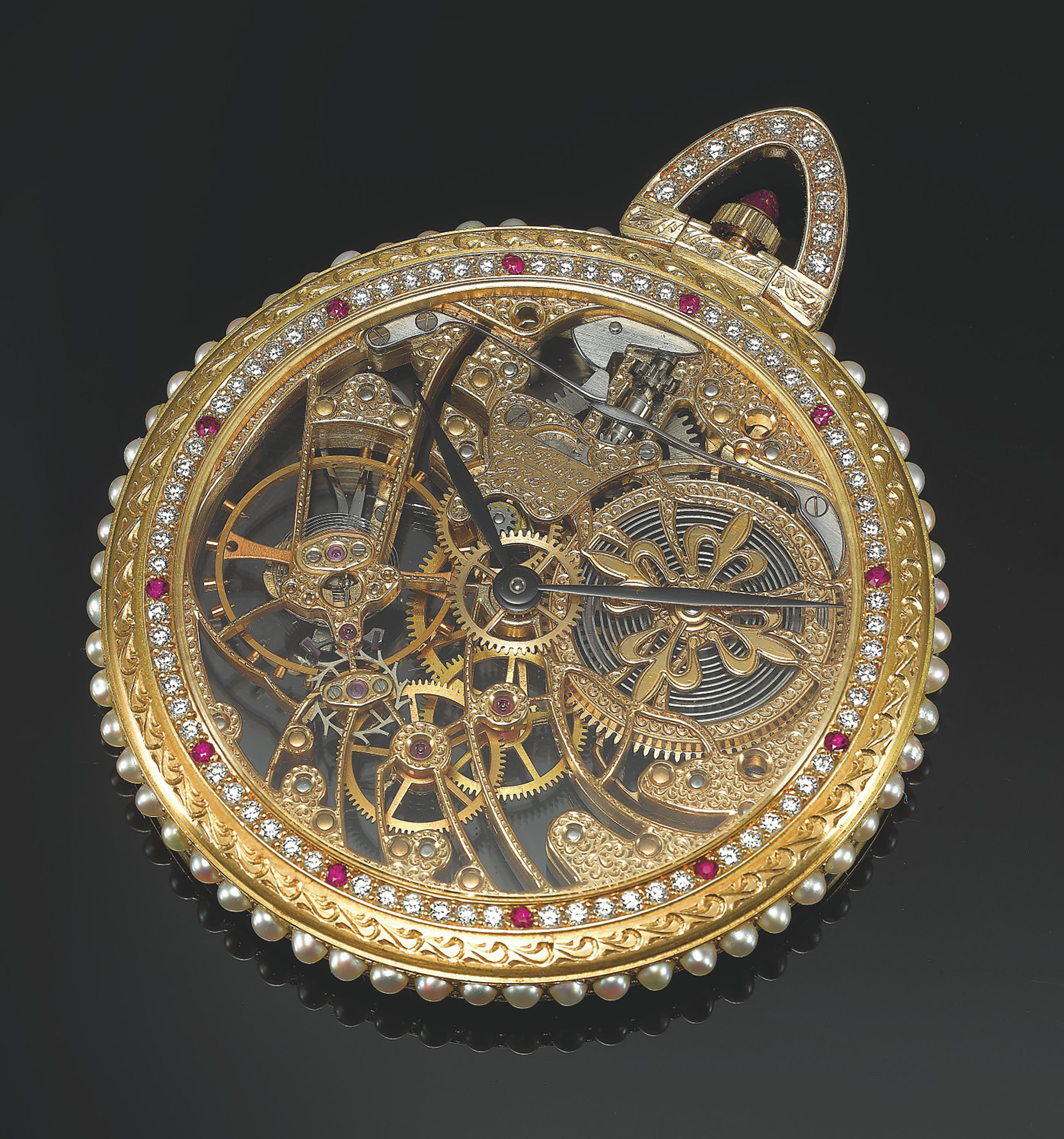 PATEK PHILIPPE, GOLD, DIAMONDS, PEARL AND RUBY-SET SKELETONIZED KEYLESS ...