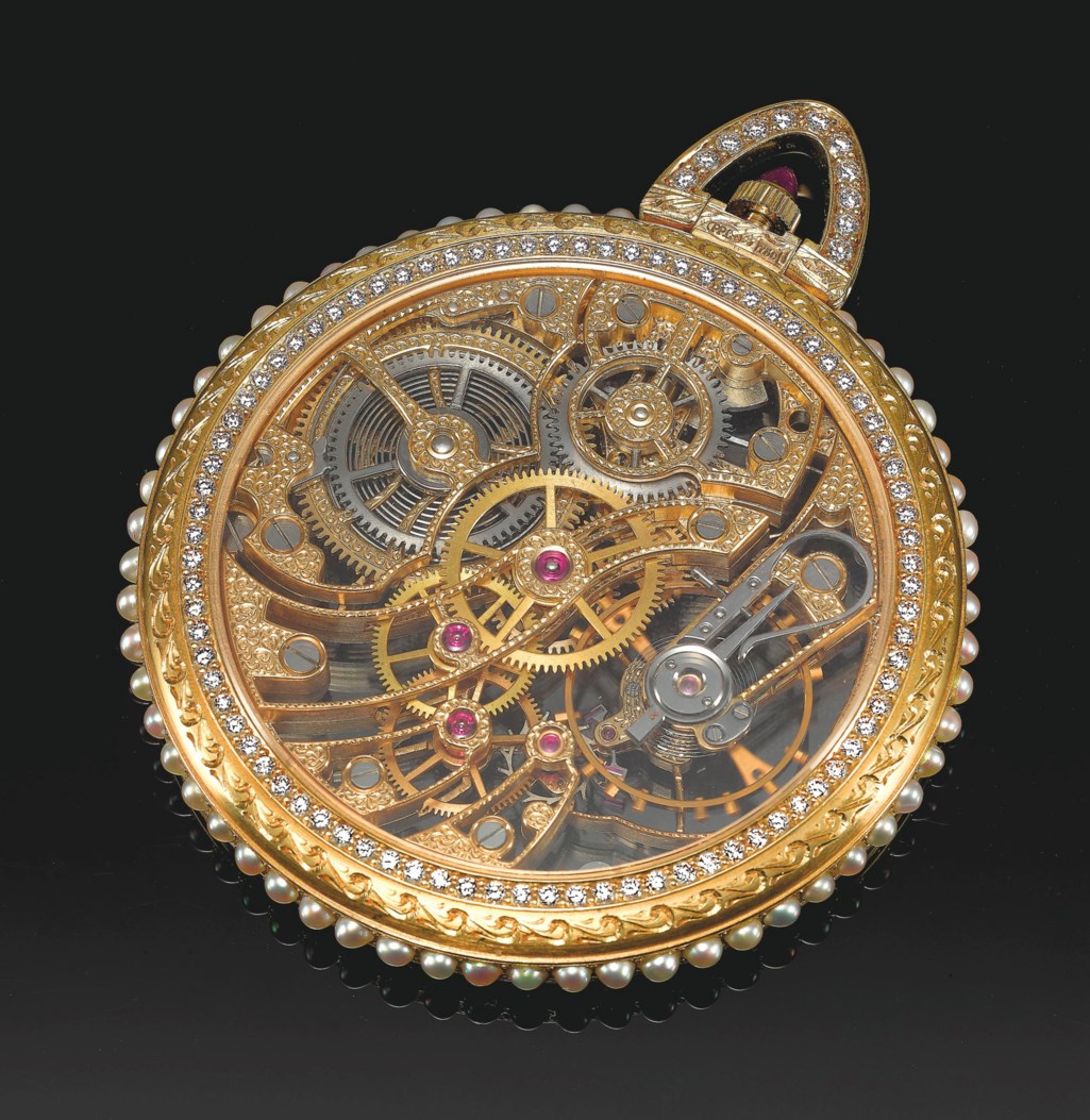 PATEK PHILIPPE, GOLD, DIAMONDS, PEARL AND RUBY-SET SKELETONIZED KEYLESS ...