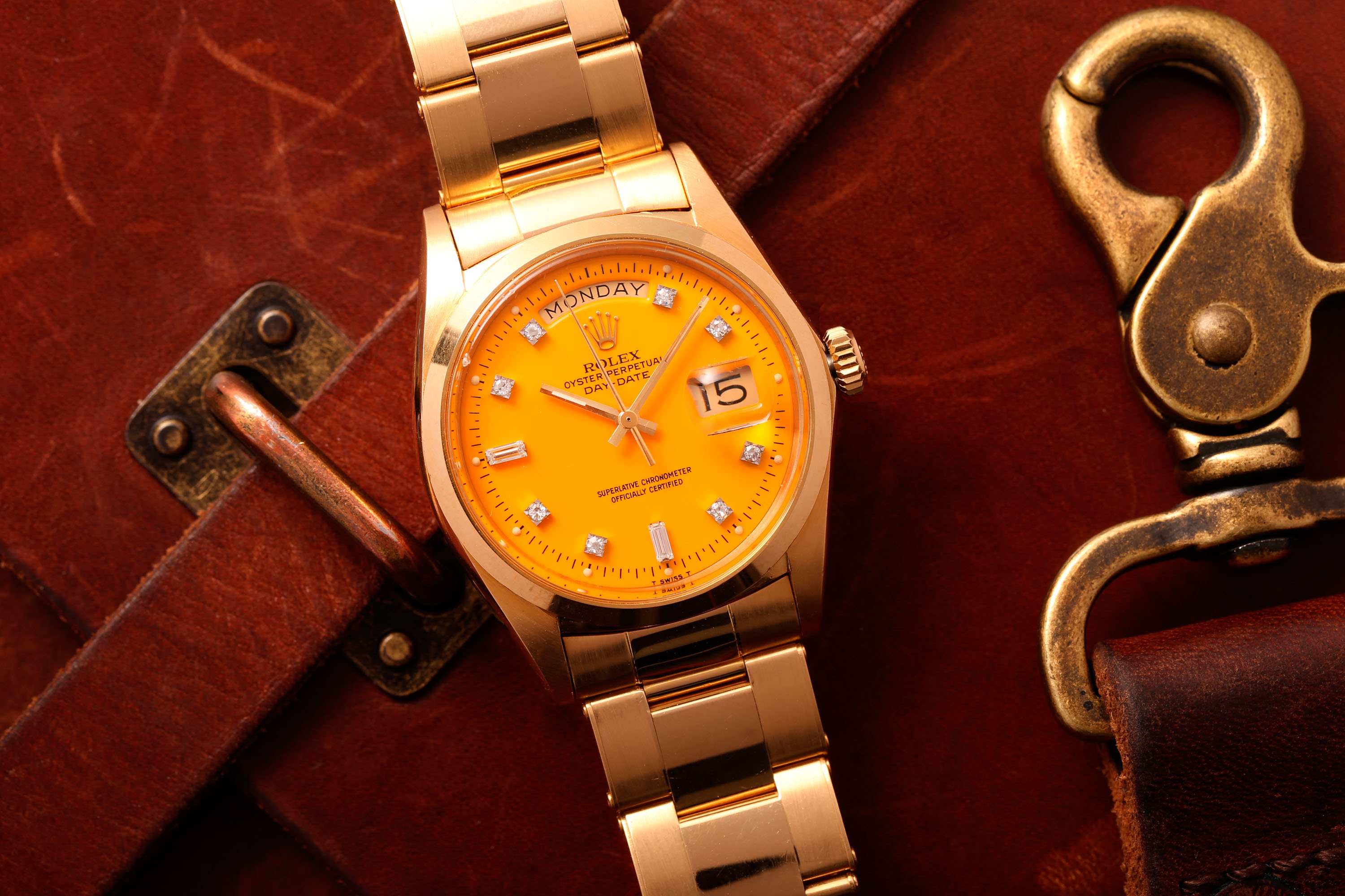 ROLEX, GOLD AND DIAMONDS DAY-DATE WITH YELLOW STELLA DIAL, REF. 1802 ...