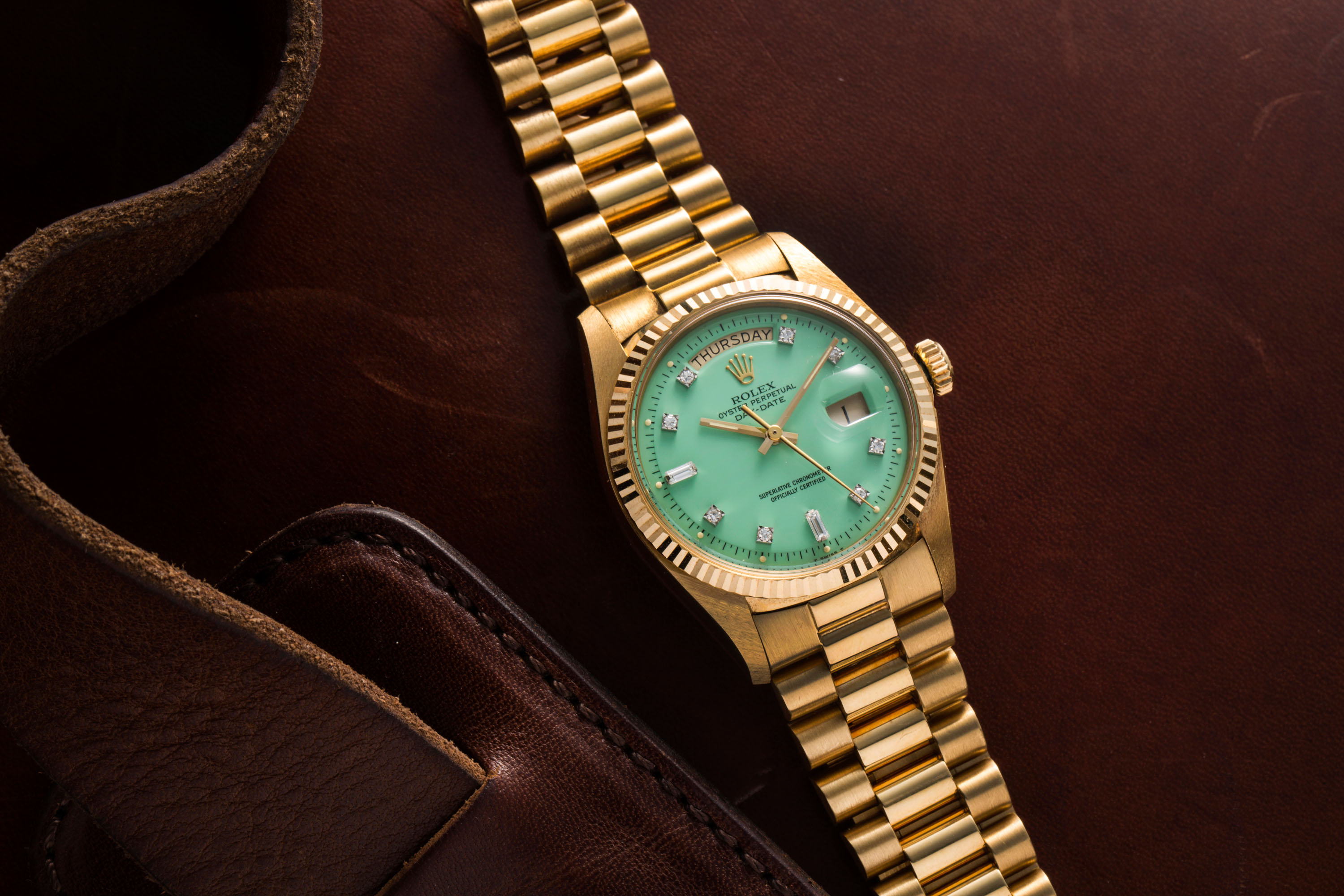 ROLEX, GOLD AND DIAMONDS DAY-DATE WITH BABY GREEN STELLA DIAL, REF ...