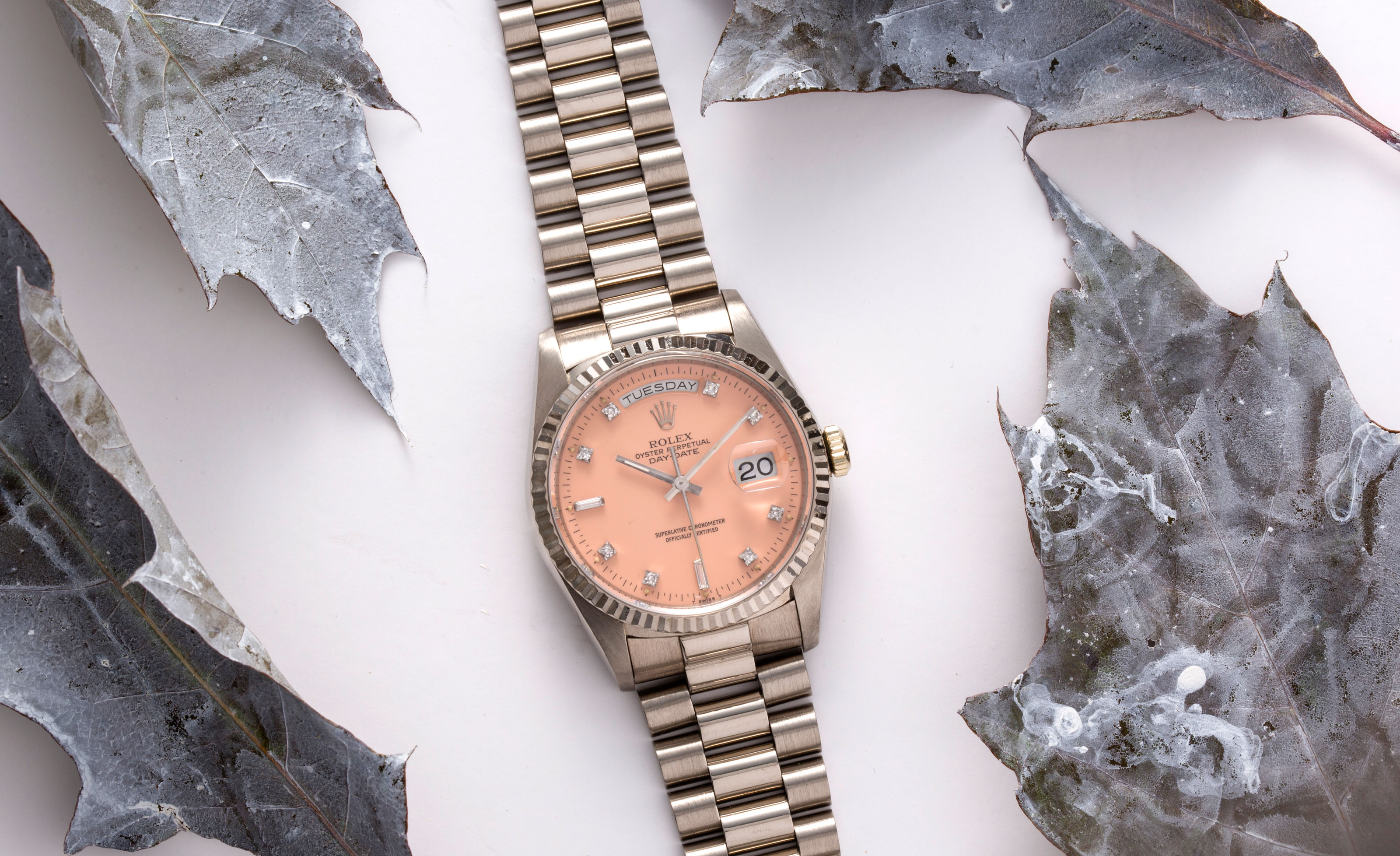 ROLEX, WHITE GOLD AND DIAMONDS DAY-DATE WITH PINK STELLA DIAL, REF ...