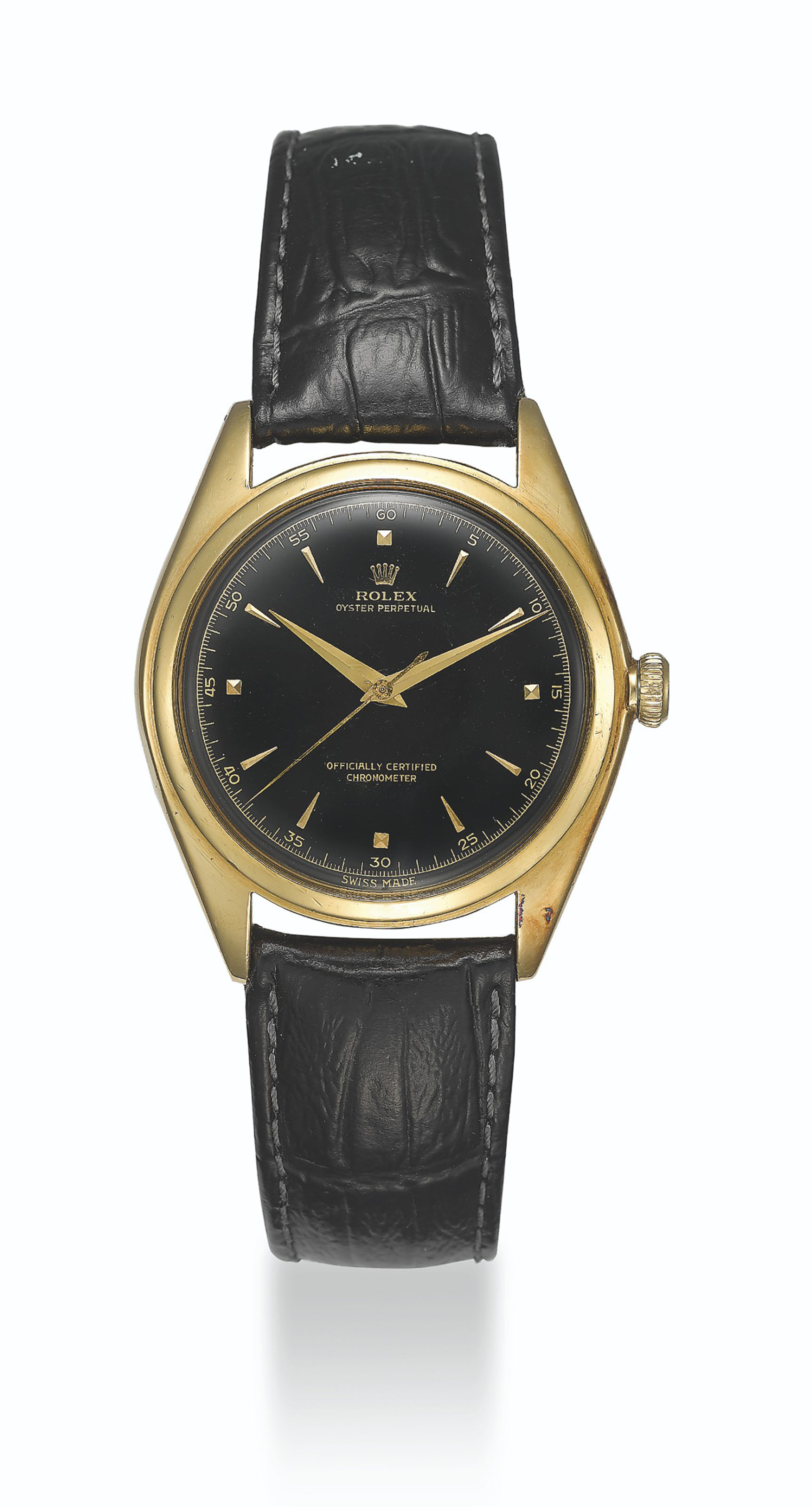 ROLEX, GOLD BUBBLE BACK WITH BLACK LACQUERED DIAL, REF. 5028, CASE NO ...