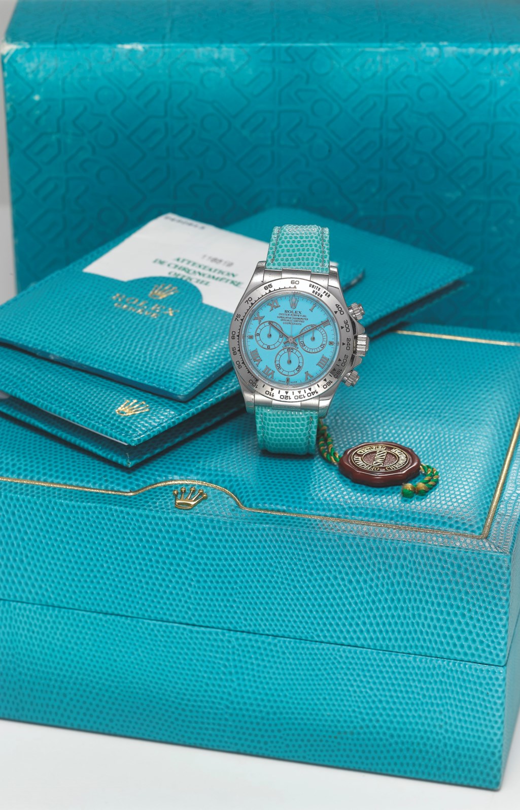 ROLEX, WHITE GOLD DAYTONA BEACH WITH TURQUOISE CHRYSOPHRASE DIAL, REF ...