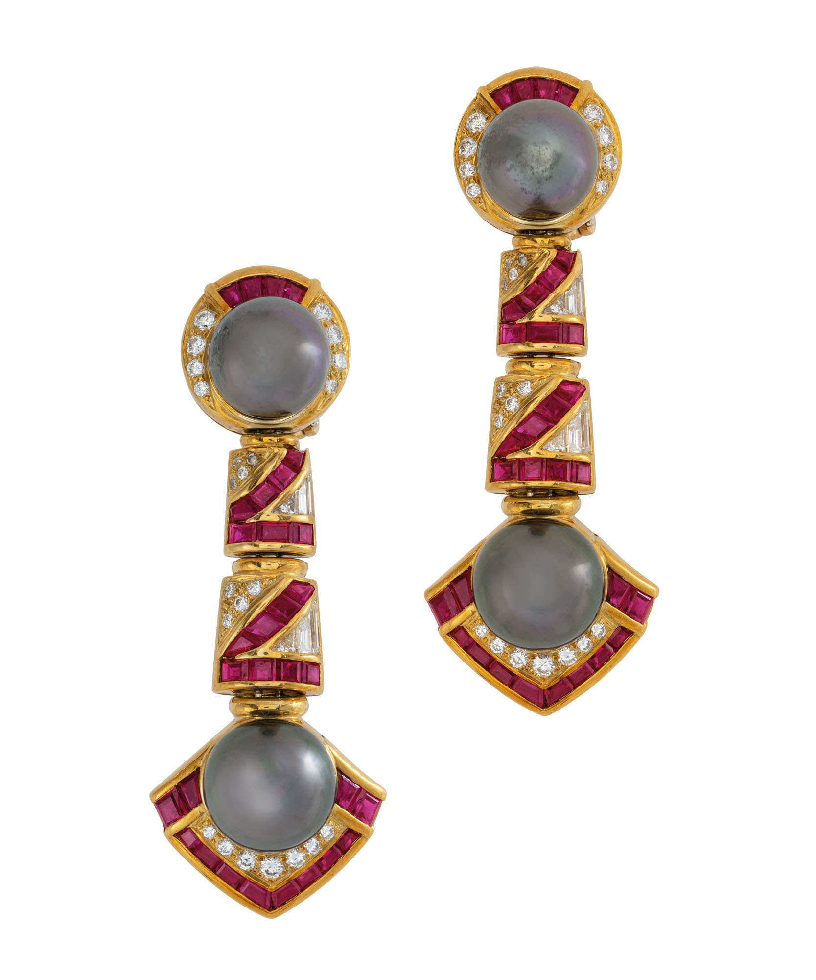 COLOURED CULTURED PEARL, RUBY AND DIAMOND EARRINGS, HARRY WINSTON