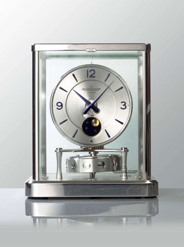 JAEGER-LECOULTRE, RHODIUM-PLATED ATMOS BEAUBOURG PHASES DE LUNE DESK ...