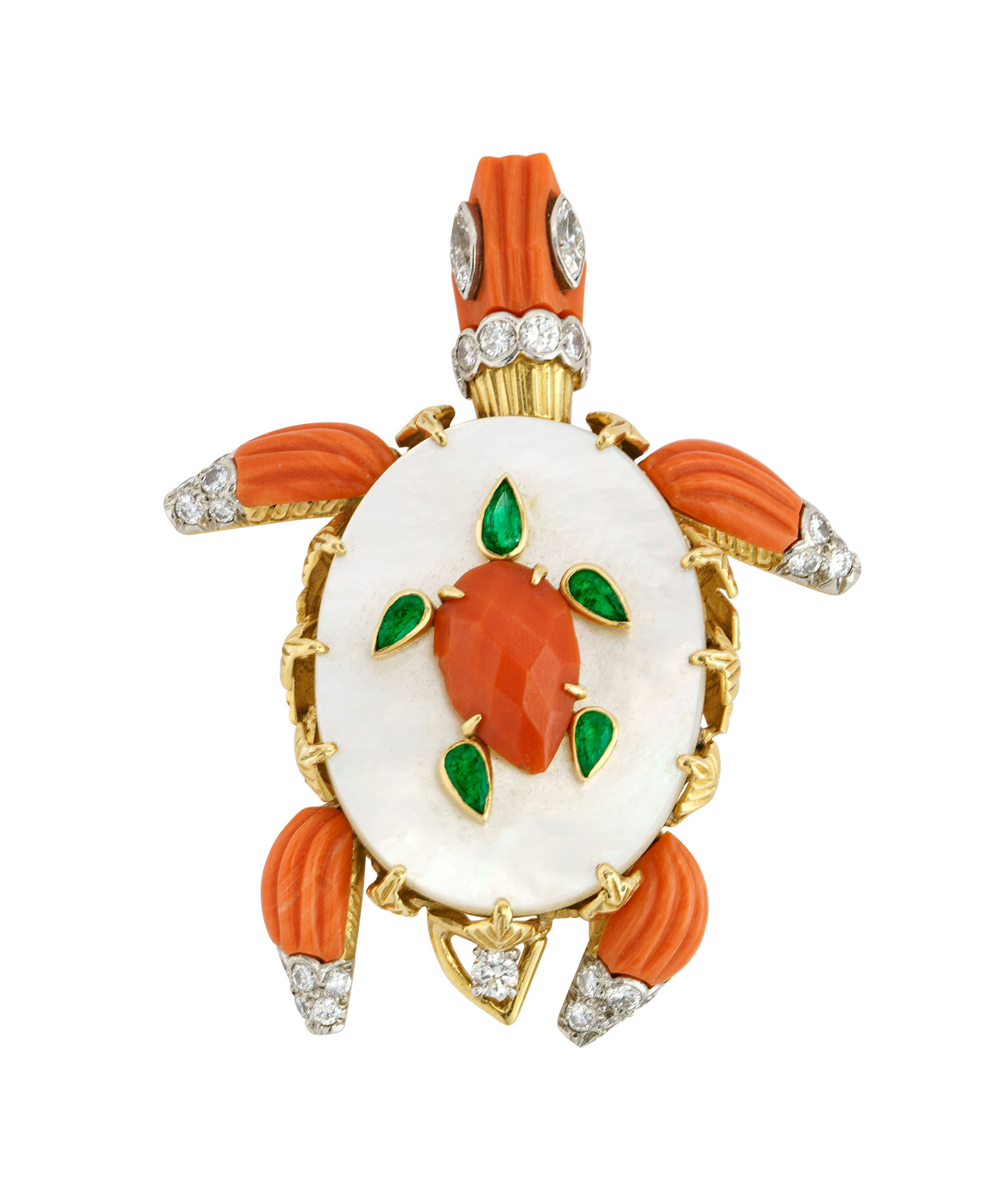 CARTIER MOTHER-OF-PEARL, CORAL, EMERALD AND DIAMOND TURTLE BROOCH ...