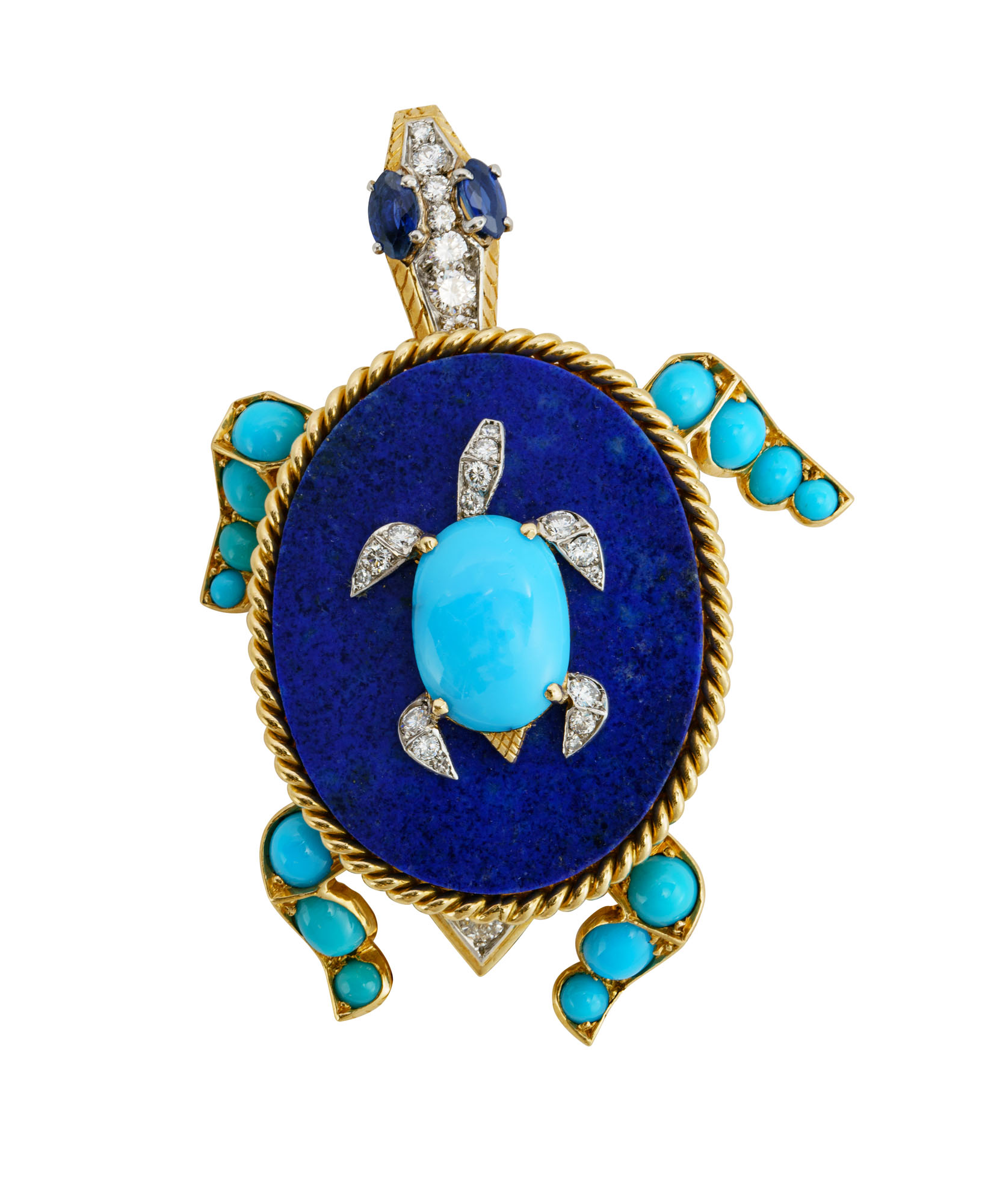 CARTIER LAPIS LAZULI, TURQUOISE, SAPPHIRE AND DIAMOND TURTLE BROOCH ...
