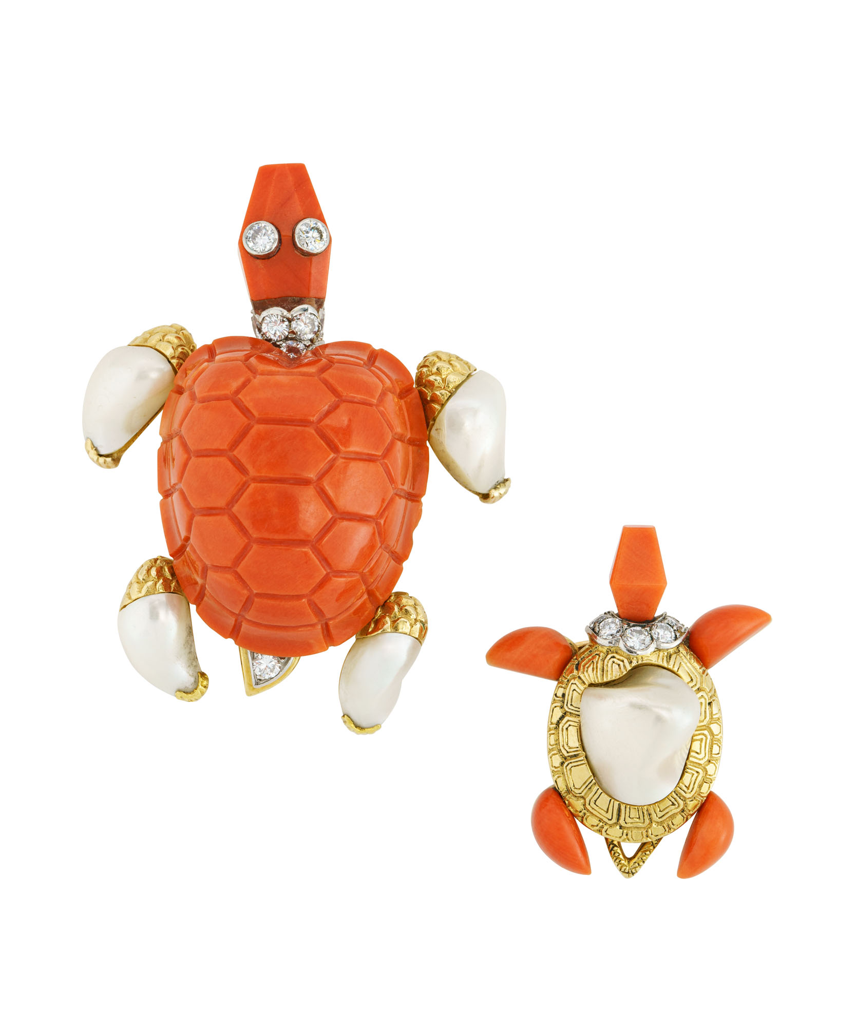 CARTIER CORAL, BLISTER PEARL AND DIAMOND TURTLE BROOCHES, | Christie’s