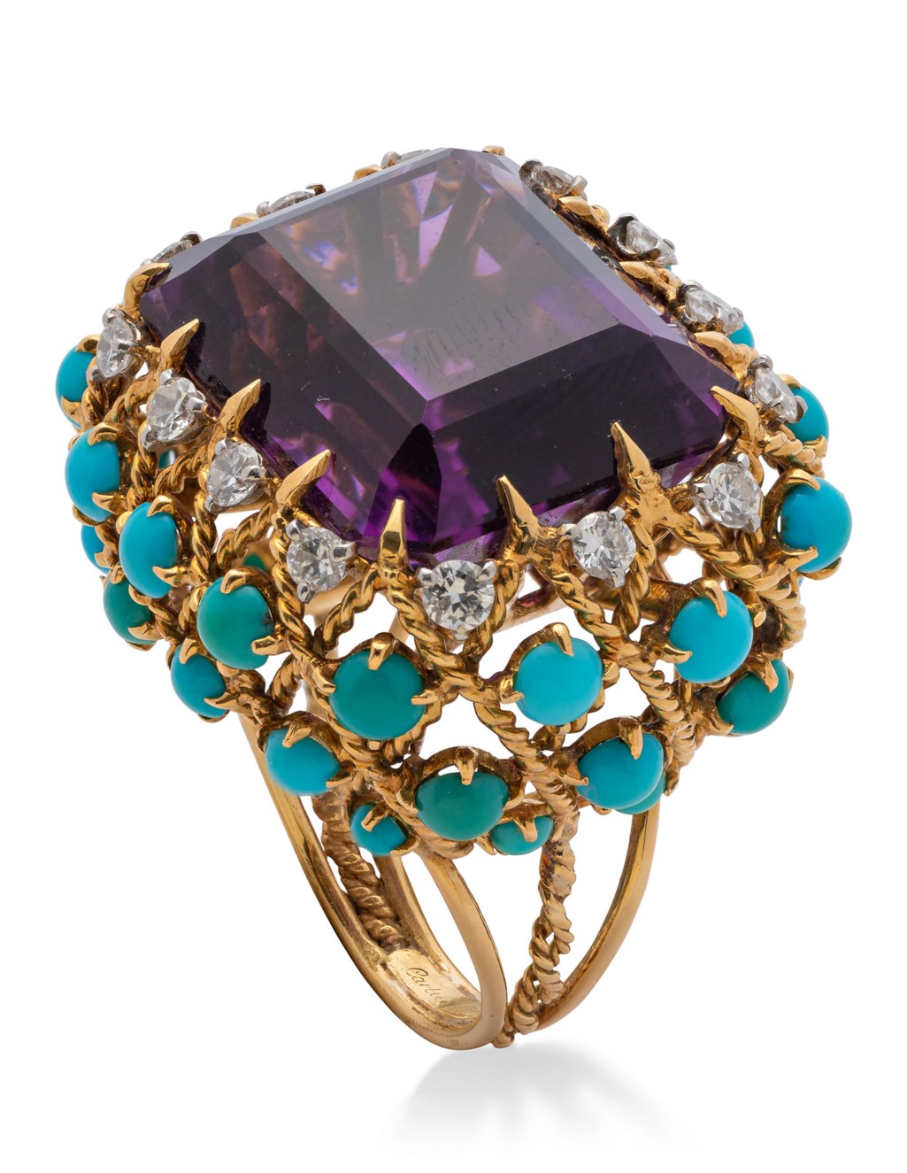 CARTIER AMETHYST, TURQUOISE AND DIAMOND BRACELET, EARRING AND RING SET ...