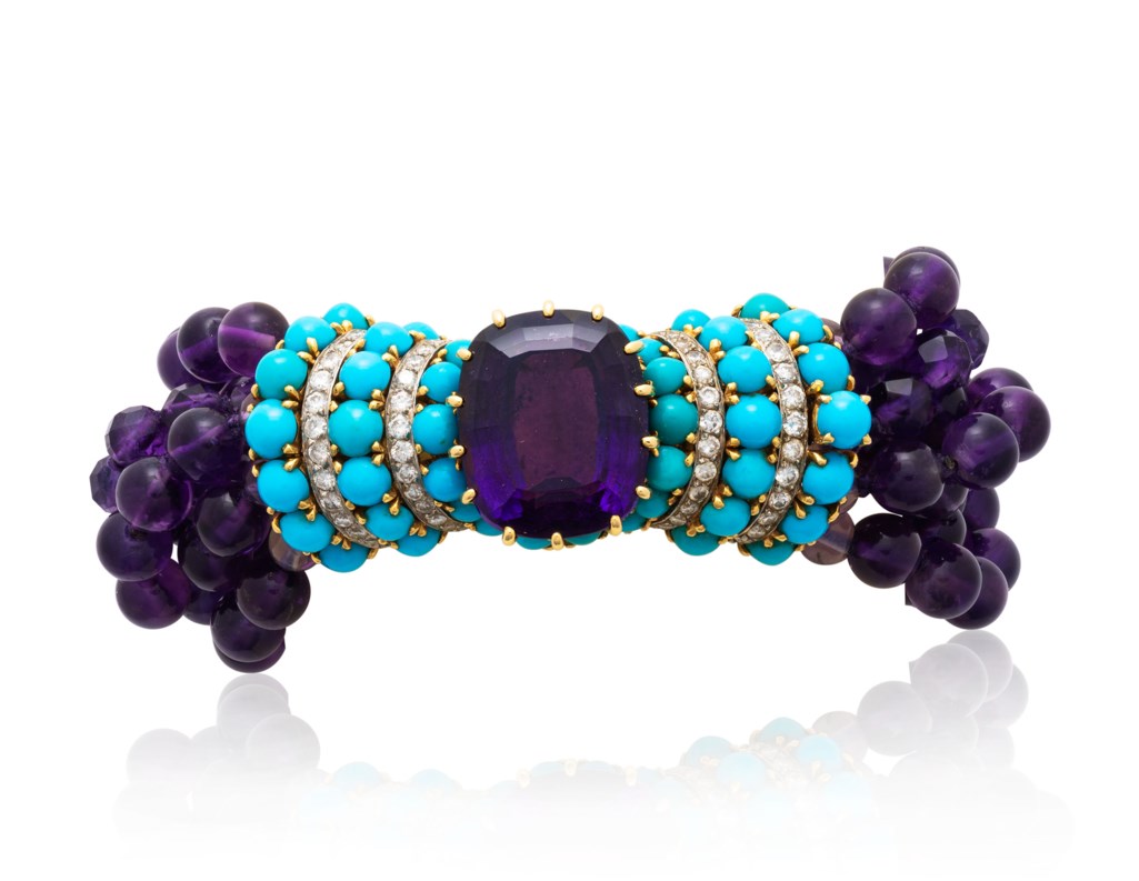 CARTIER AMETHYST, TURQUOISE AND DIAMOND BRACELET, EARRING AND RING SET ...