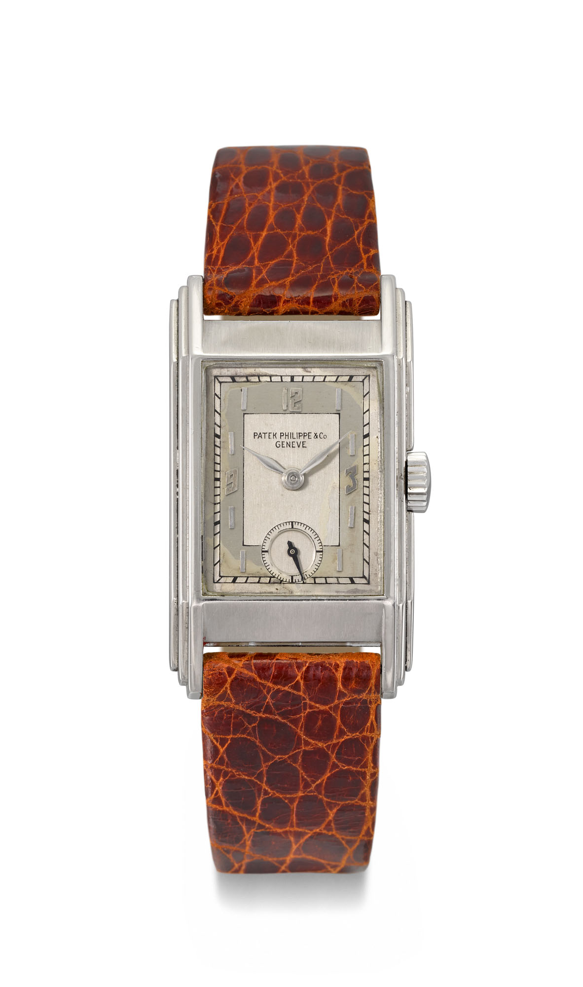 PATEK PHILIPPE, STEEL ‘STAYBRITE’ ART DECO RECTANGULAR WRISTWATCH WITH ...