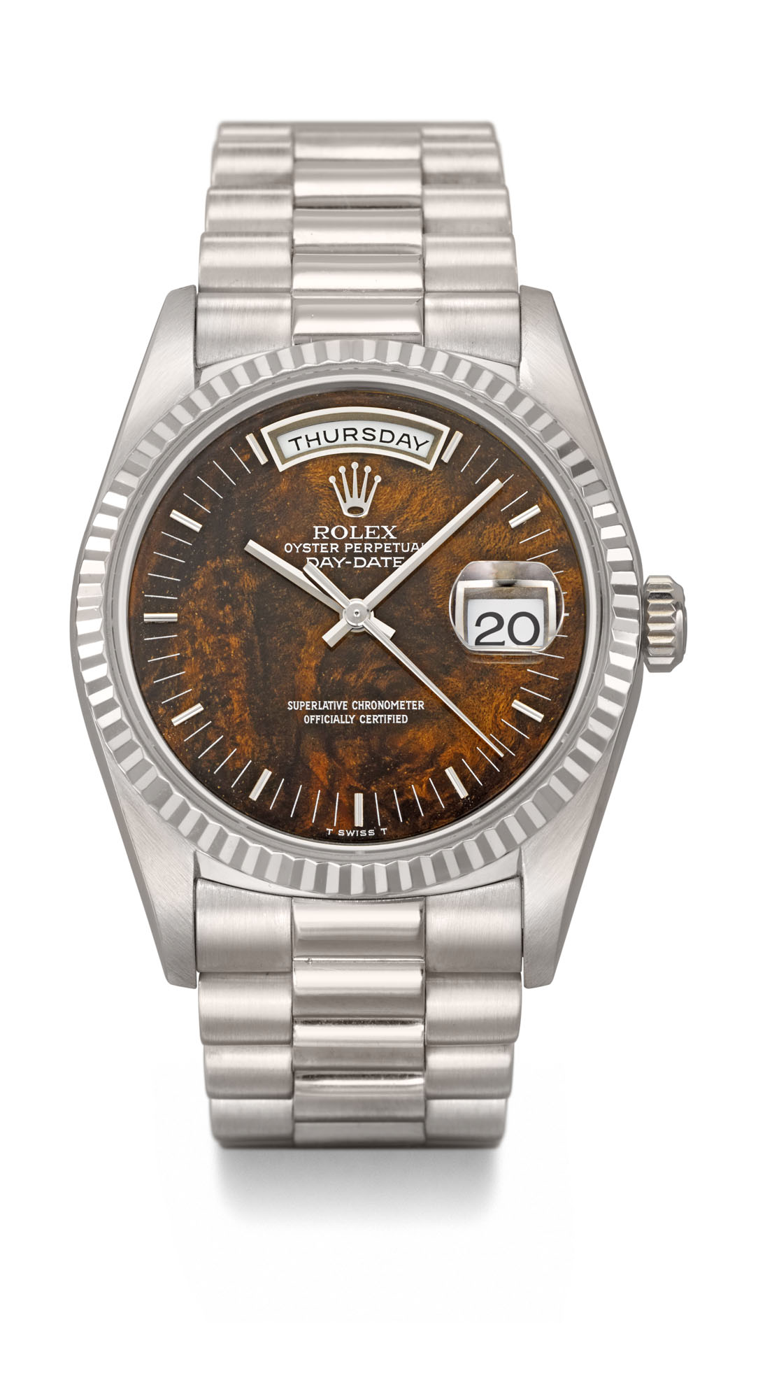 ROLEX, WHITE GOLD DAY-DATE WRISTWATCH WITH WALNUT DIAL, REF. 18239 ...