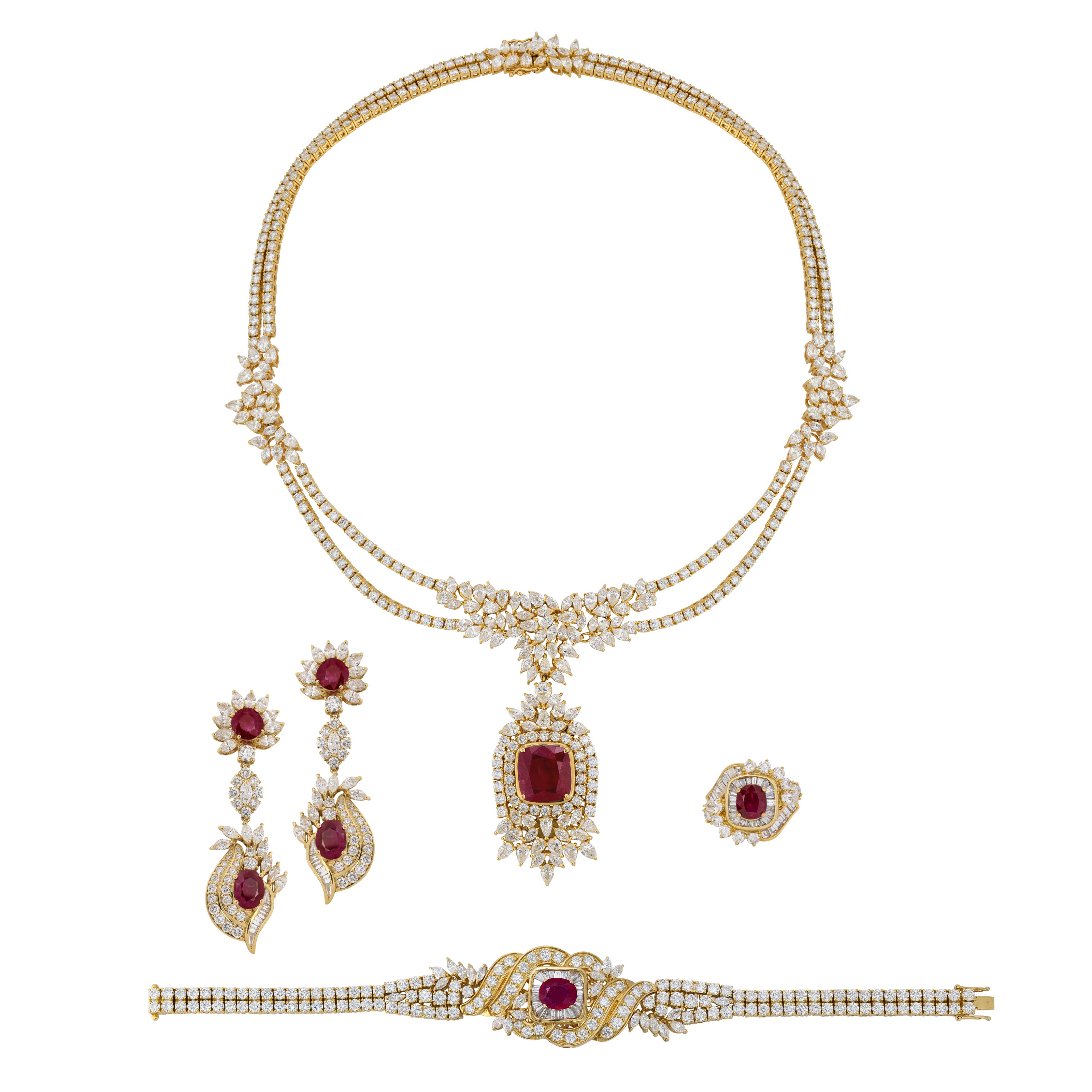 RUBY AND DIAMOND NECKLACE, BRACELET, EARRING AND RING SUITE WITH ...