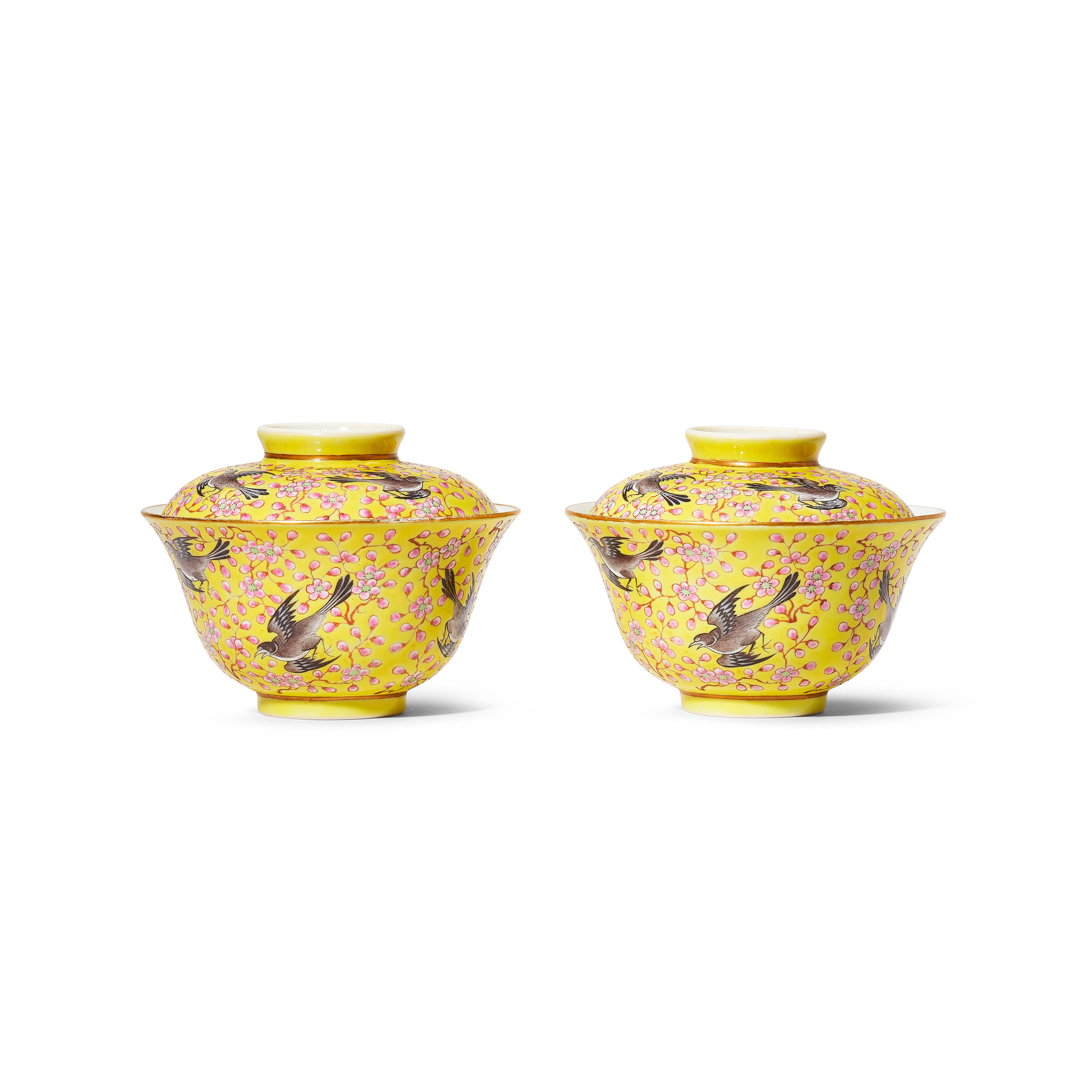 A FINE PAIR OF FAMILLE ROSE YELLOW-GROUND 'MAGPIE AND PRUNUS' TEA BOWLS ...