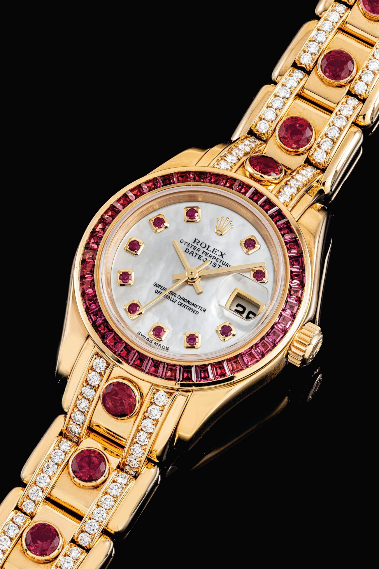 ROLEX. A LADY'S ATTRACTIVE AND VERY RARE 18K GOLD, DIAMOND AND RUBY-SET ...