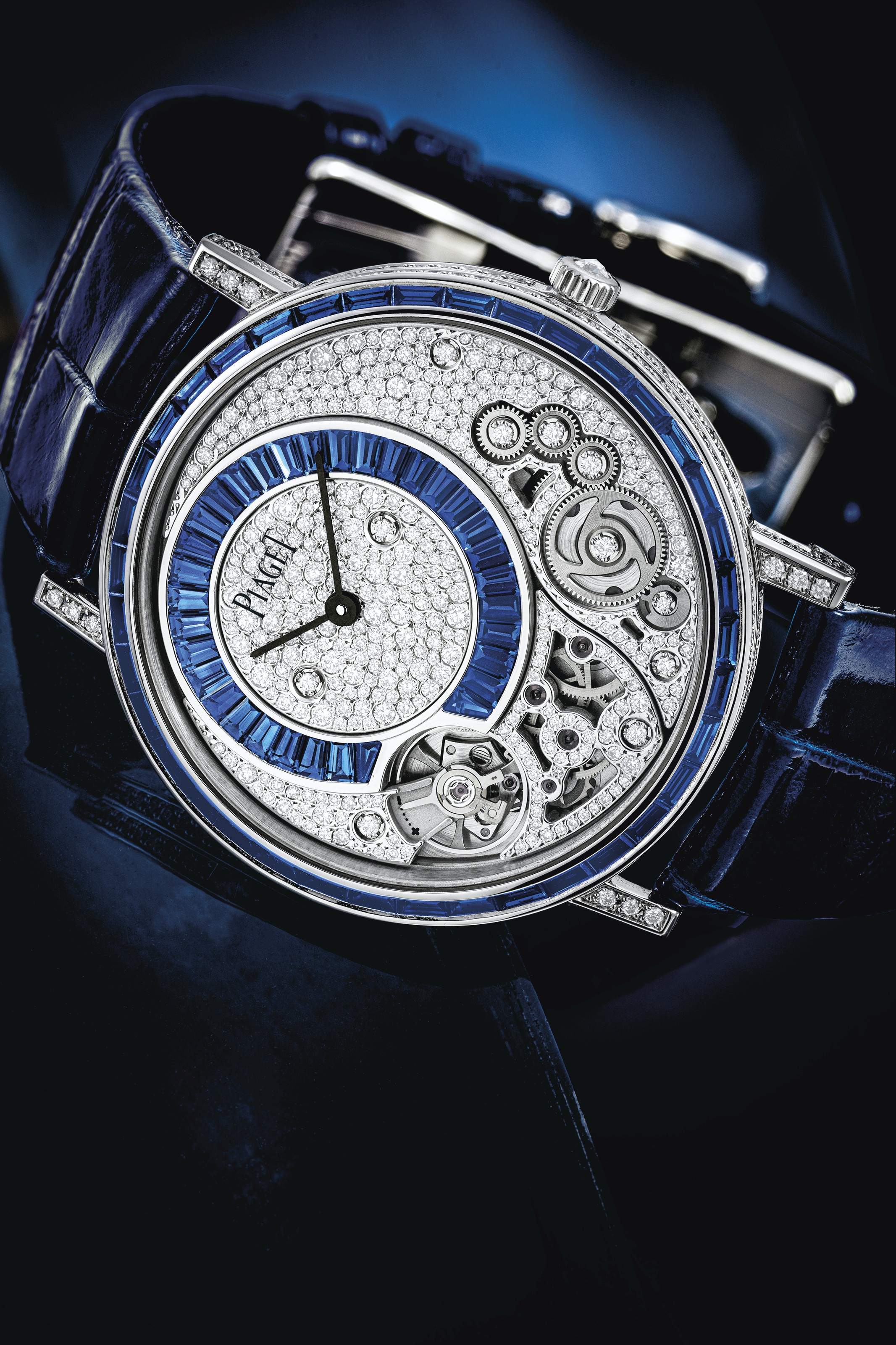 PIAGET. AN EXTREMELY RARE 18K WHITE GOLD, DIAMOND AND SAPPHIRE-SET ...