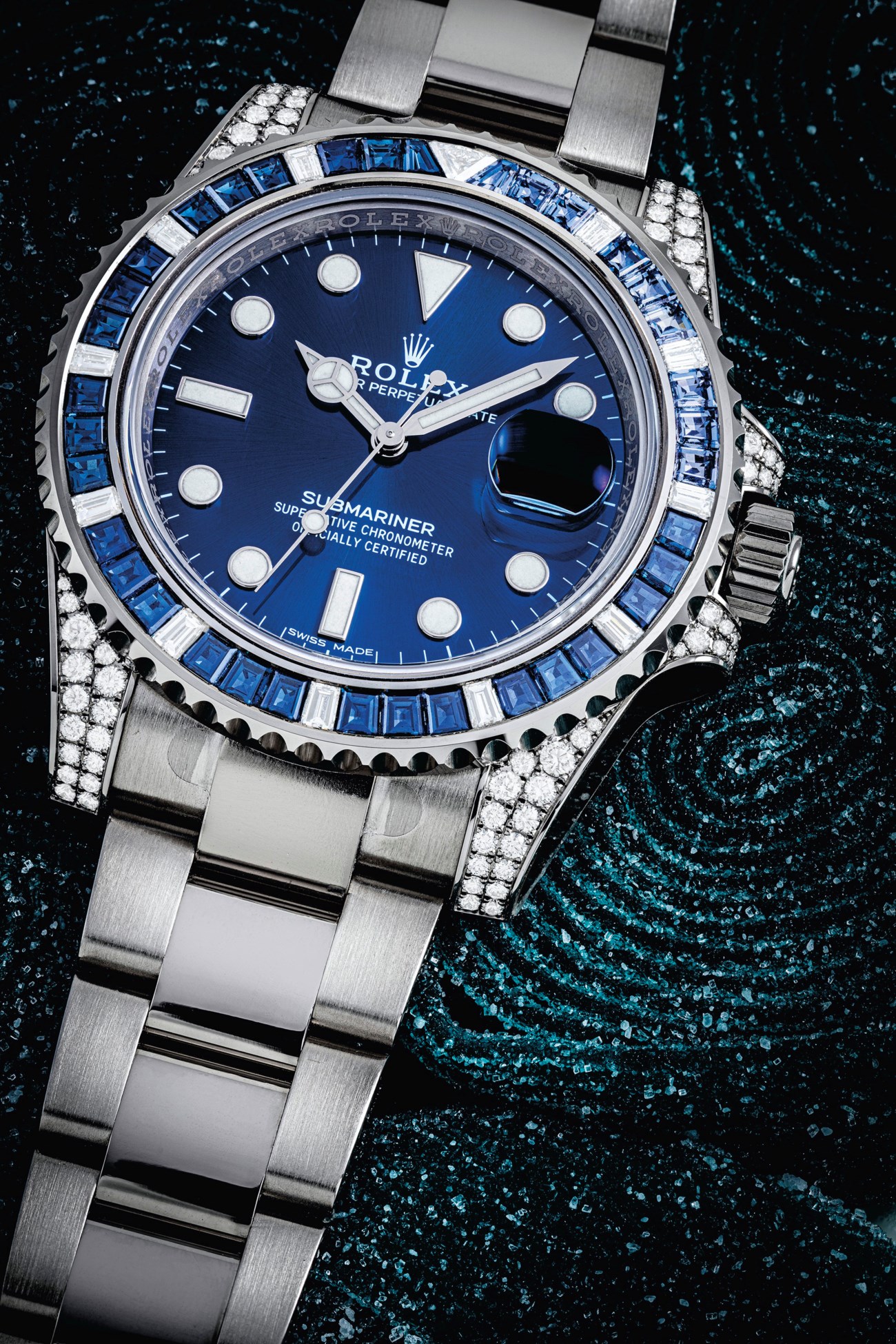 ROLEX. A RARE AND IMPRESSIVE 18K WHITE GOLD, DIAMOND AND SAPPHIRE-SET ...