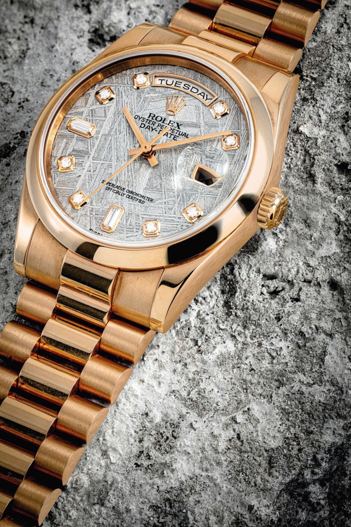 ROLEX. A RARE 18K PINK GOLD AND DIAMOND-SET WRISTWATCH WITH SWEEP ...