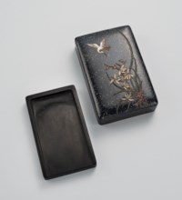 A QISHA LACQUER INK STONE AND AN INLAID LACQUER BOX AND COVER, QING ...