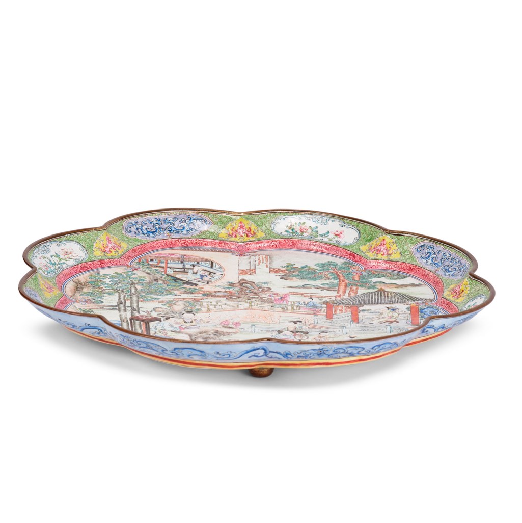 A LARGE PAINTED ENAMEL FAMILLE ROSE 'LADIES AND CHILDREN' PETAL-LOBED ...