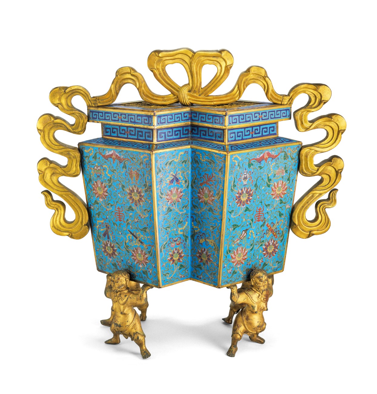 A MASSIVE CLOISONNE ENAMEL DOUBLE-LOZENGE FORM CENSER AND COVER, QING ...