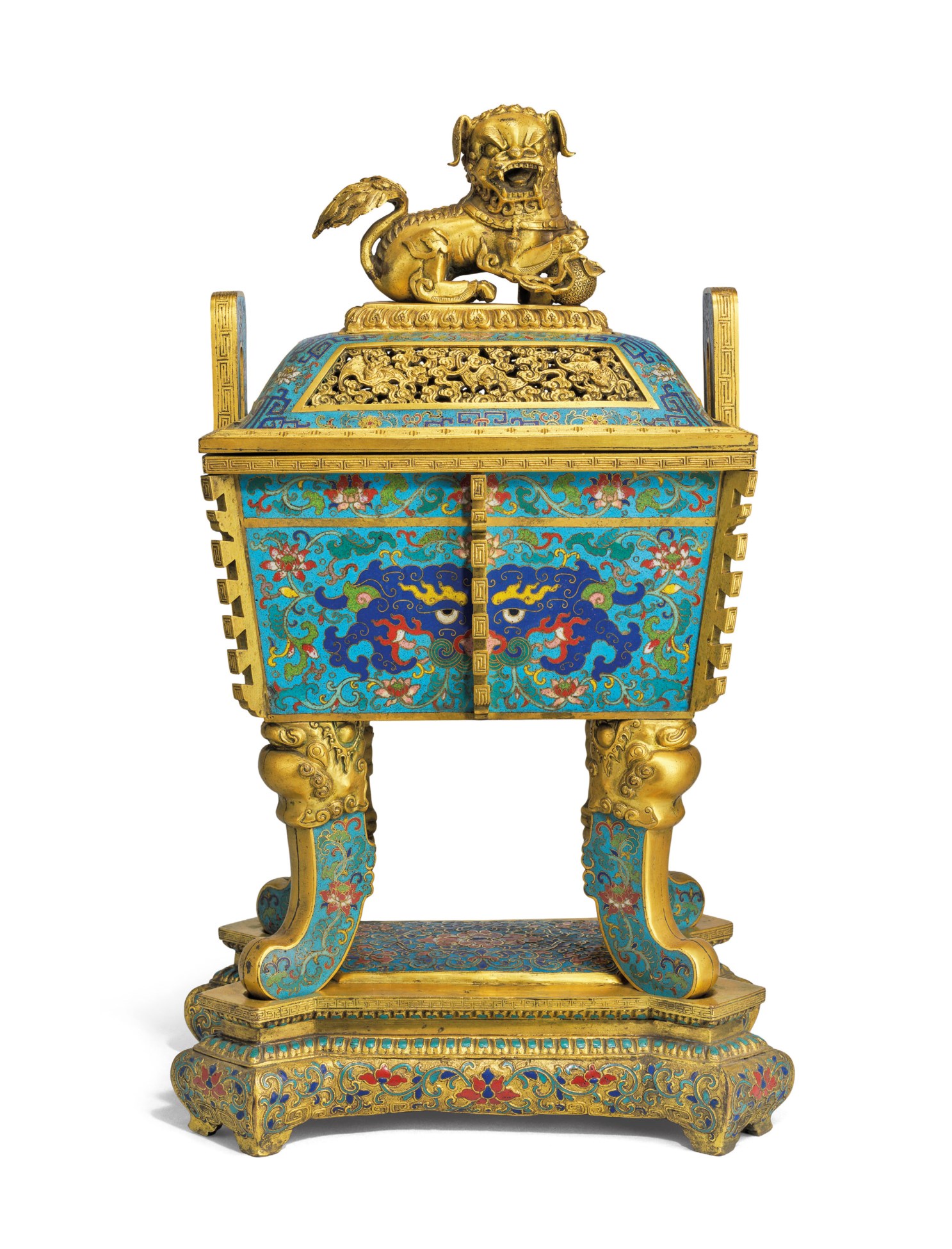 A SUPERB IMPERIAL CLOISONNE ENAMEL ‘TAOTIE’ FANGDING-FORM CENSER AND ...