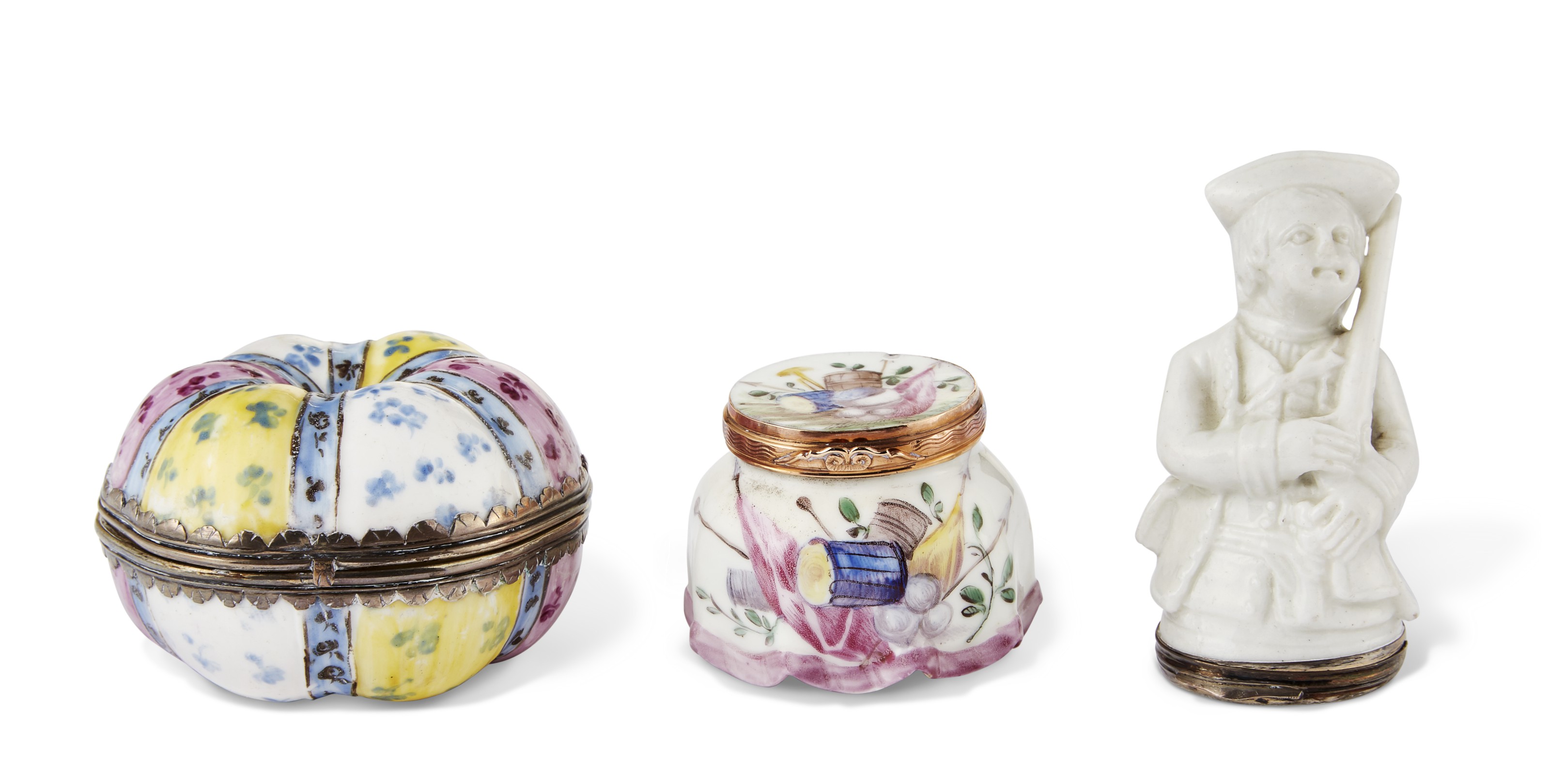 A GOLD-MOUNTED AND TWO SILVER-MOUNTED FRENCH PORCELAIN SNUFF-BOXES ...