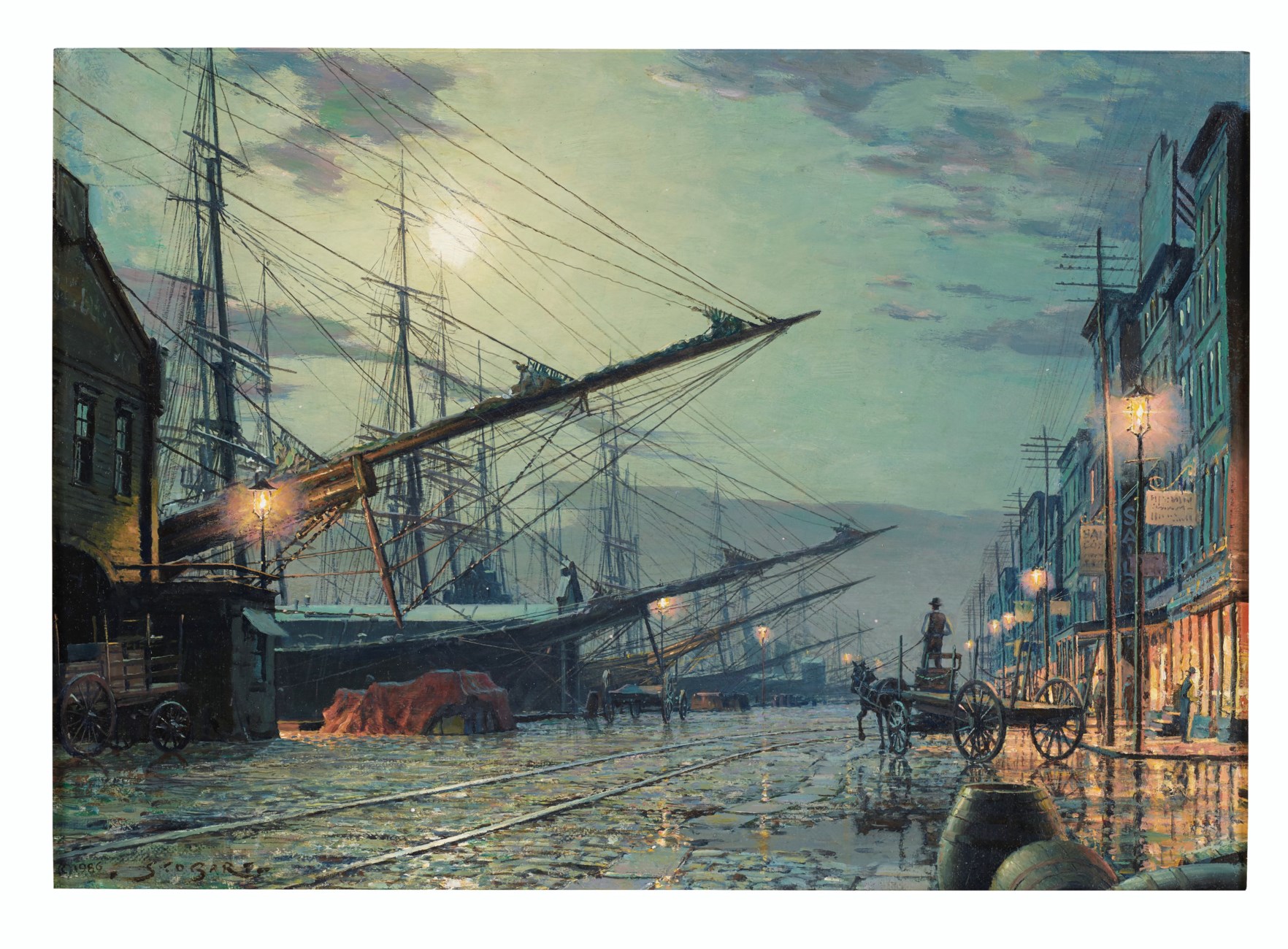 John Stobart (b. 1929), South Street, New York, in 1880 | Christie's