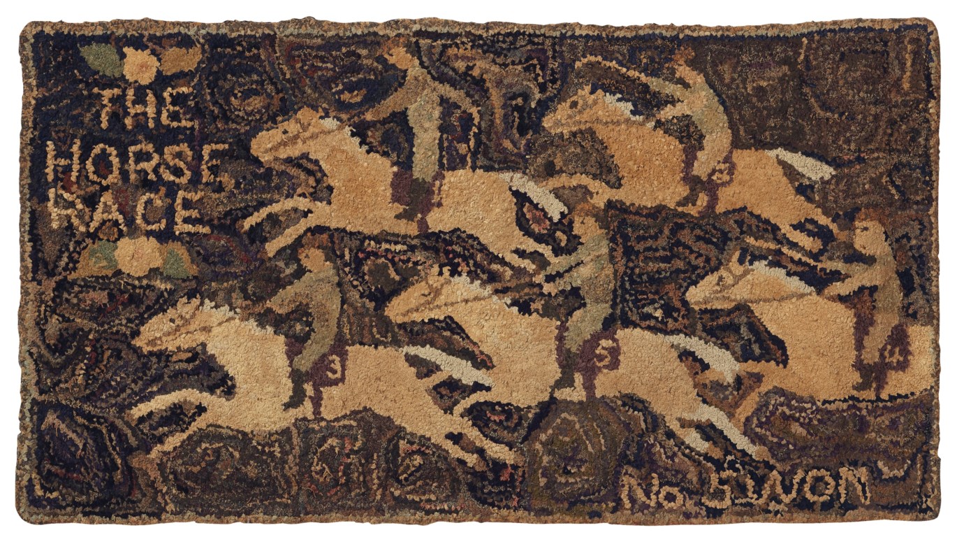 A POLYCHROME COTTON HOOKED RUG DEPICTING A HORSE RACE