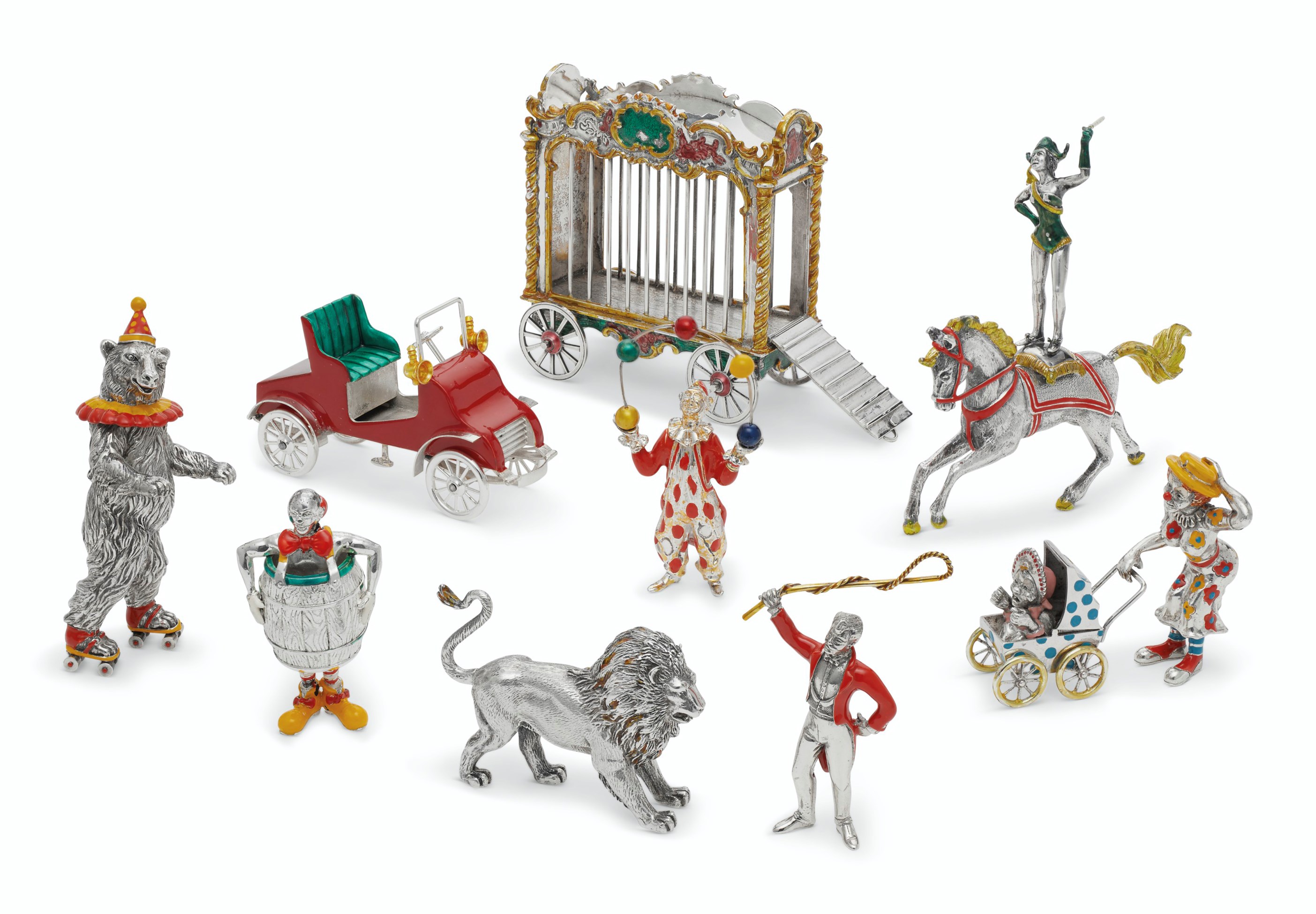 A GROUP OF AMERICAN SILVER AND ENAMEL CIRCUS FIGURES, MARK OF TIFFANY ...
