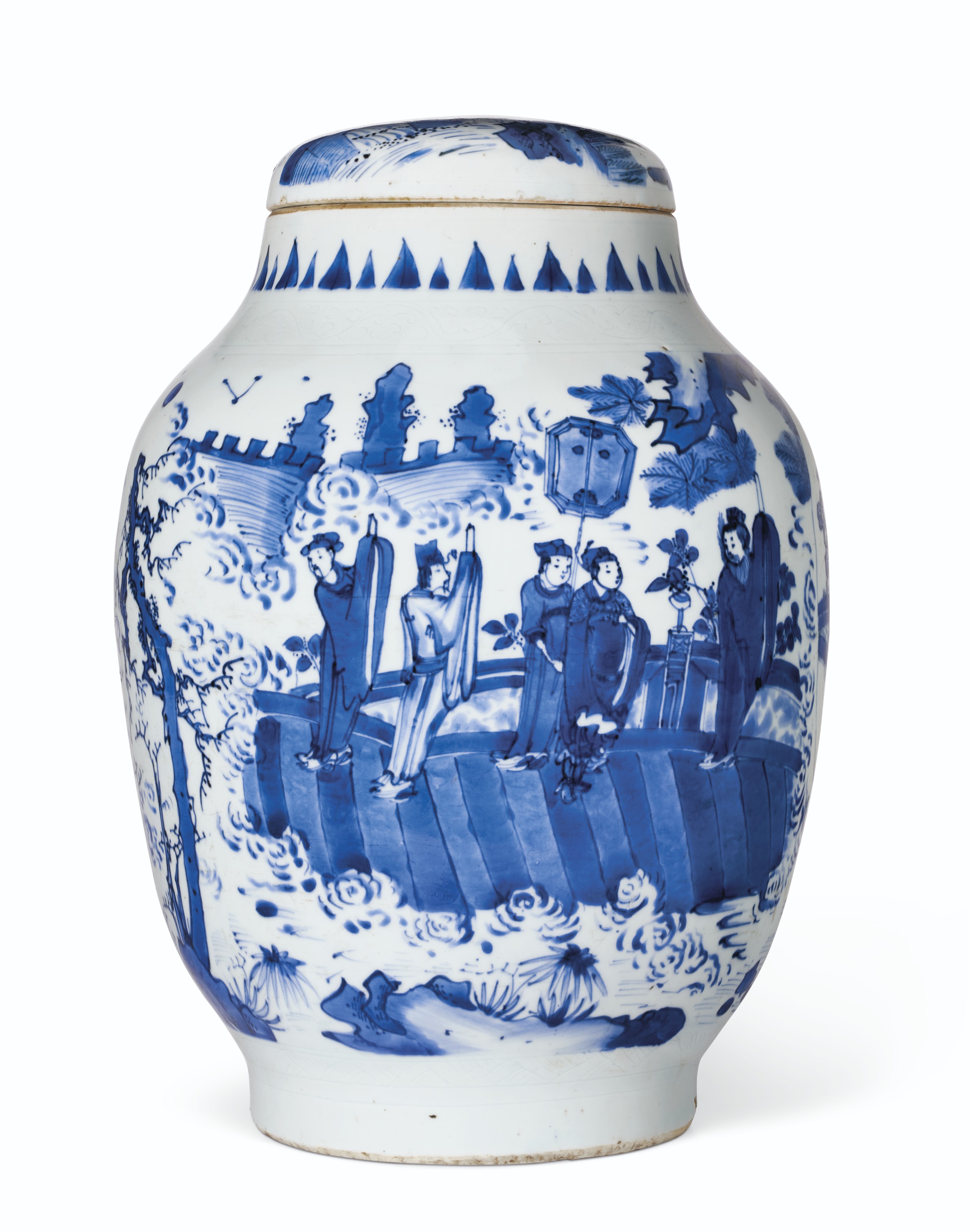 A RARE LARGE BLUE AND WHITE OVOID JAR AND COVER, CHONGZHEN PERIOD (1628 ...
