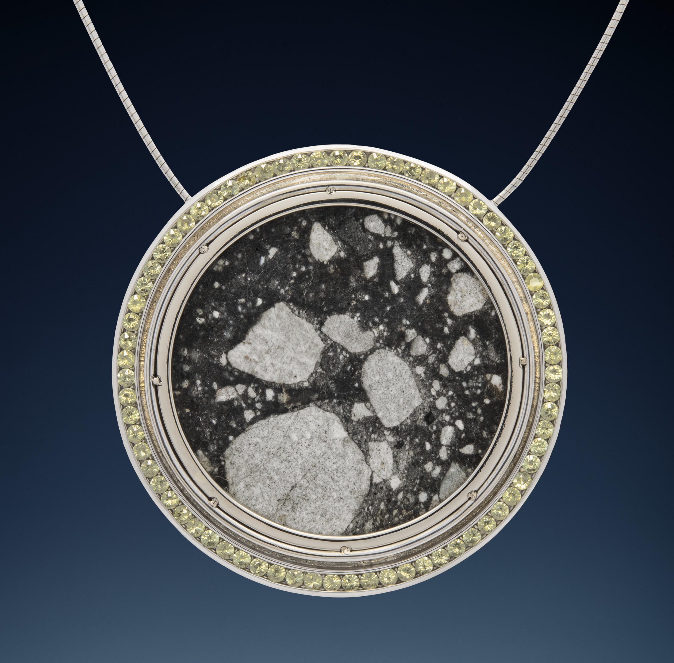 LUNAR PENDANT — THE MOON ENCOMPASSED WITH EXTRATERRESTRIAL PERIDOT IN A ...