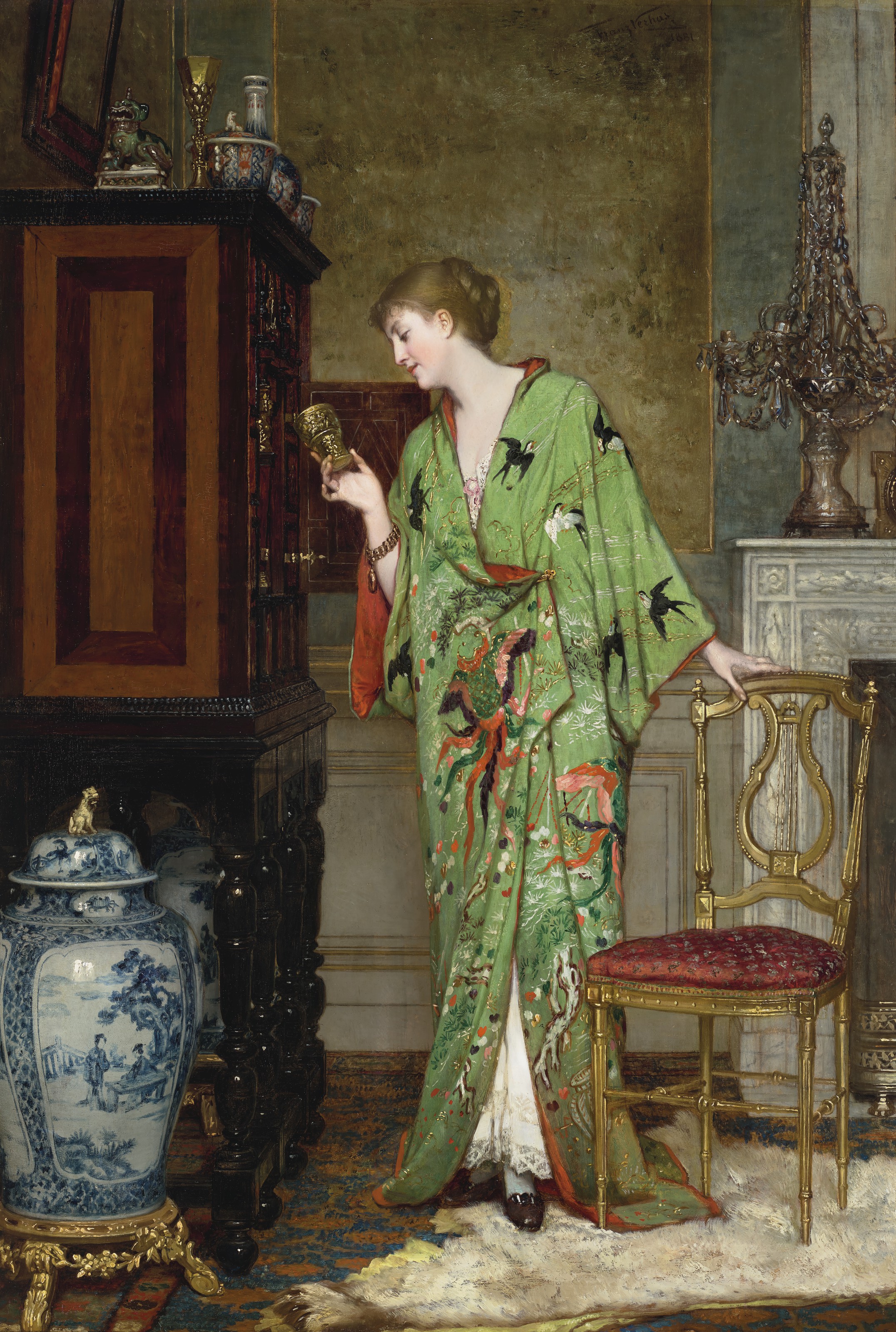 Frans Verhas (Belgian, 1827-1897), La collectionneuse au kimono vert ...