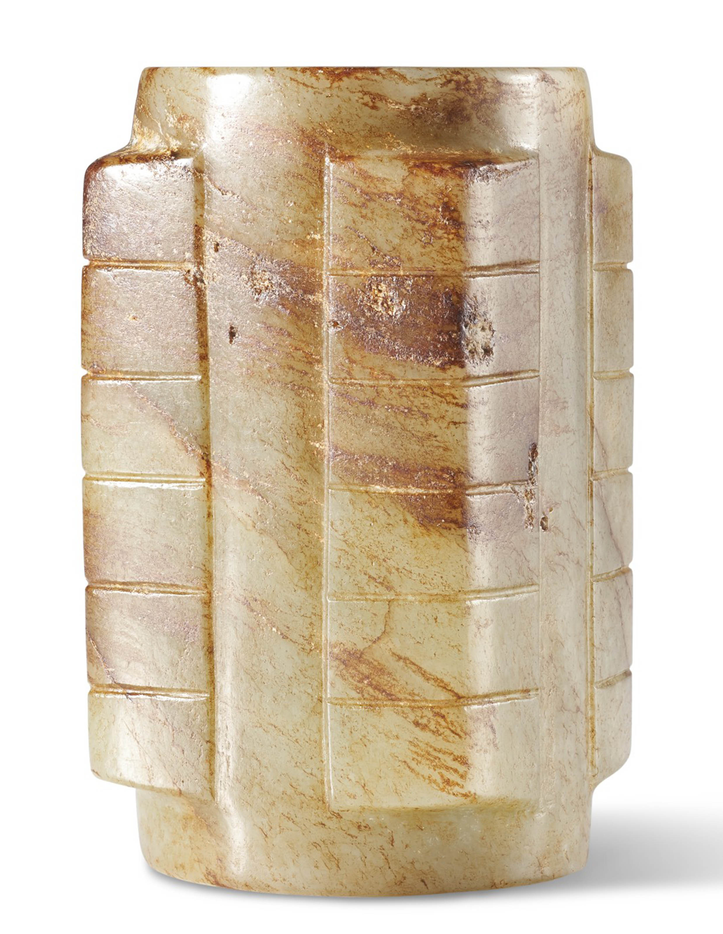 A MOTTLED PALE GREEN AND RUSSET JADE CONG, MING DYNASTY OR LATER ...