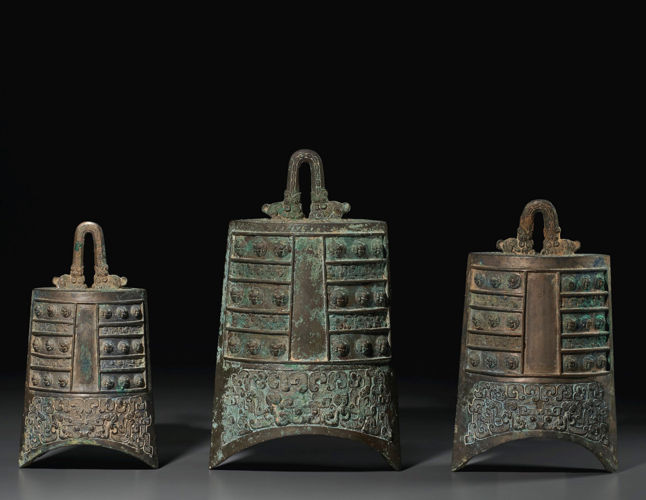 THREE BRONZE BELLS, ZHONG, LATE SPRING AND AUTUMN PERIOD, 6TH-5TH ...